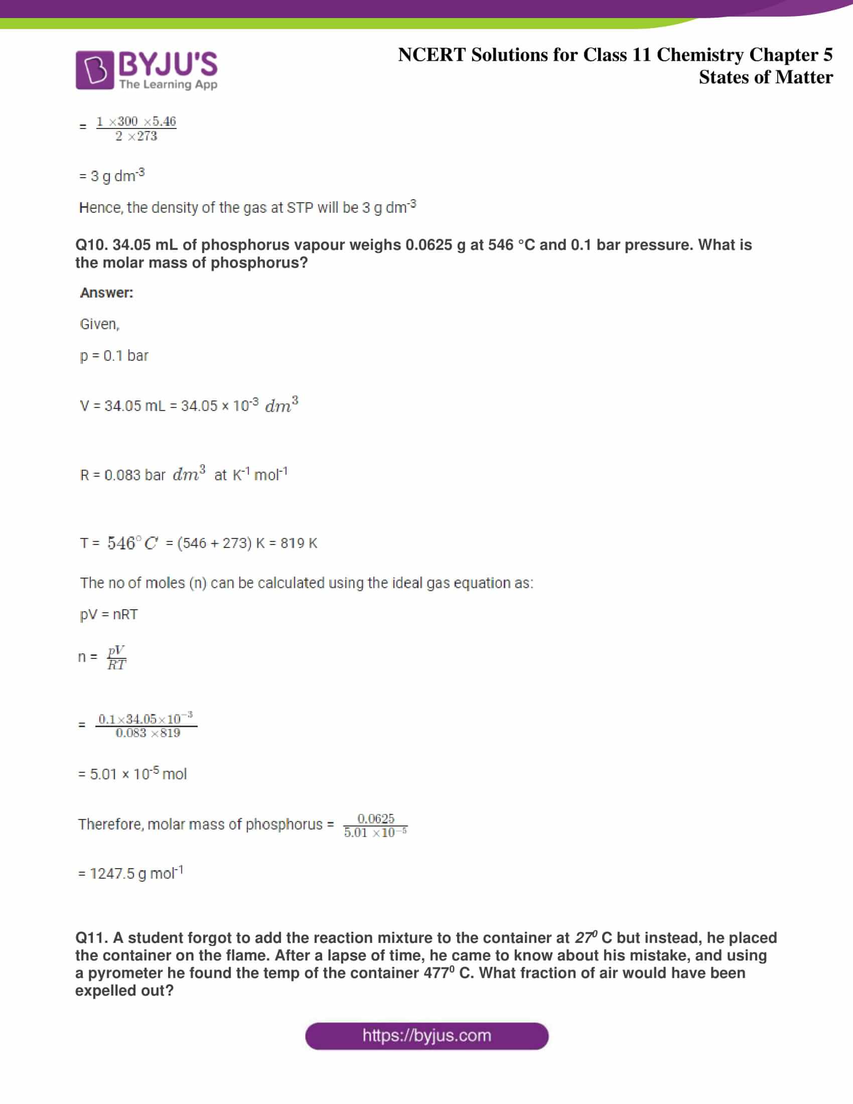 NCERT Solutions for Class 11 Chemistry Chapter 5 States of Matter