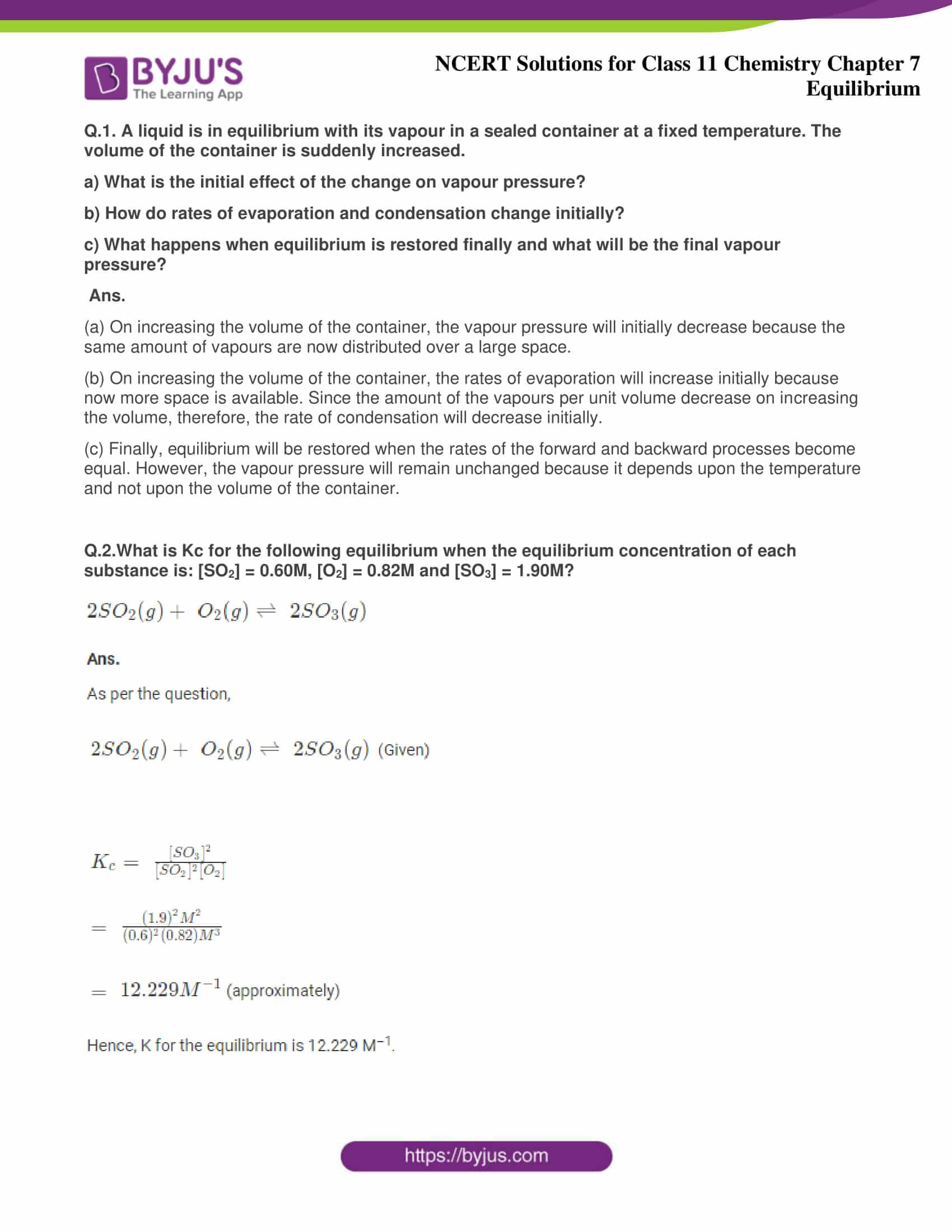 NCERT Solutions for Class 11 Chemistry Chapter 7 Equilibrium