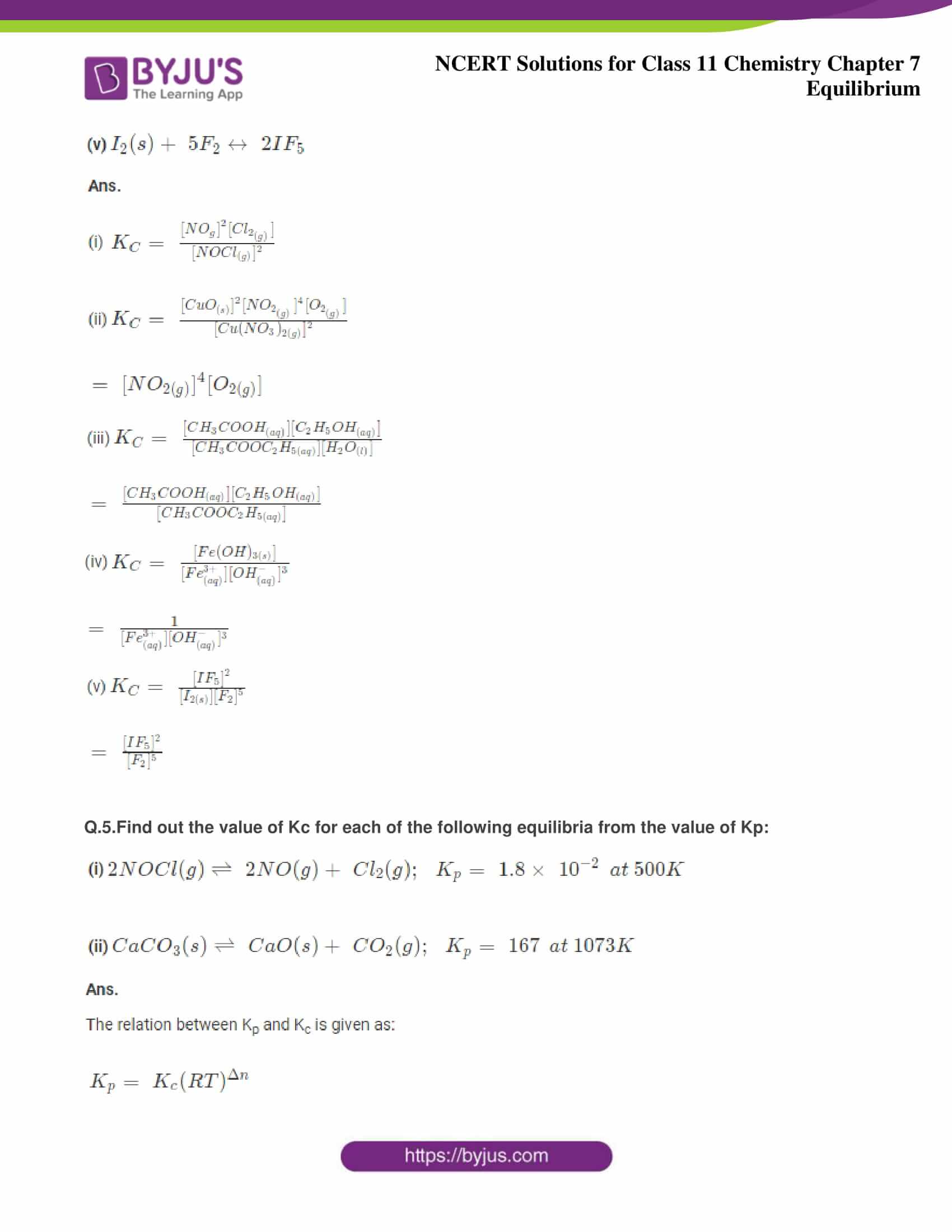 NCERT Solutions for Class 11 Chemistry Chapter 7 Equilibrium