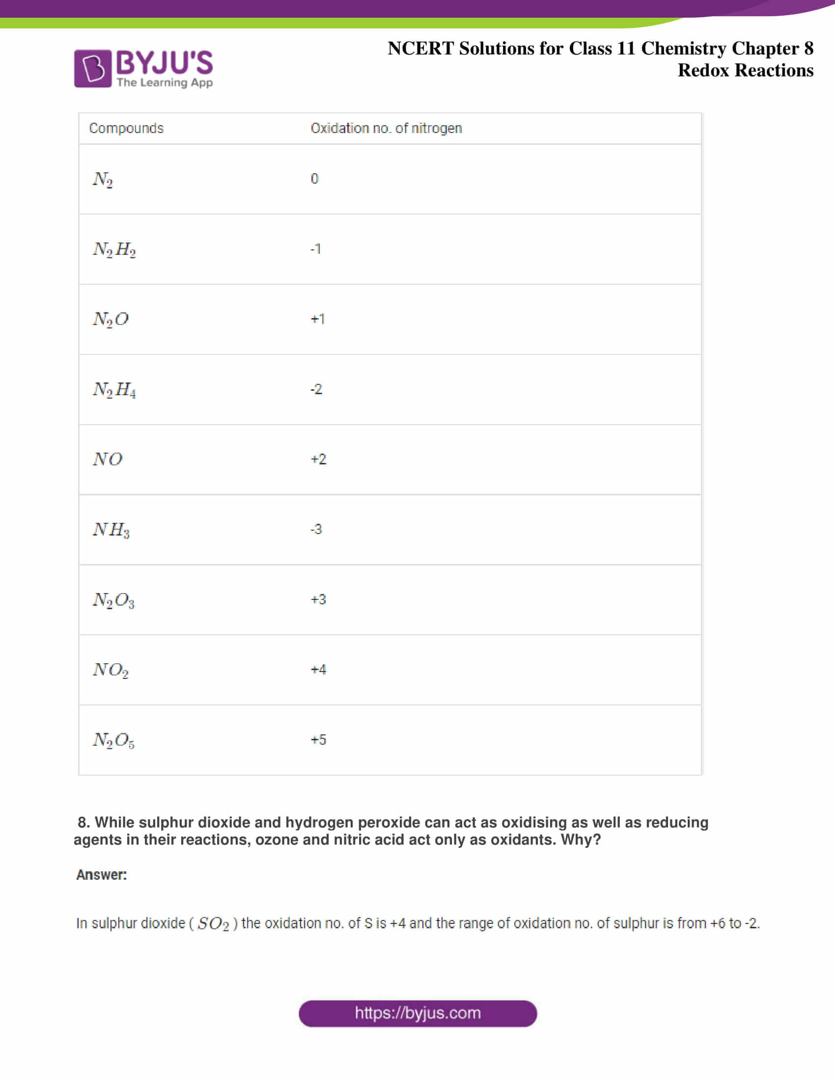 NCERT Solutions for Class 11 Chemistry Chapter 8 Redox Reactions