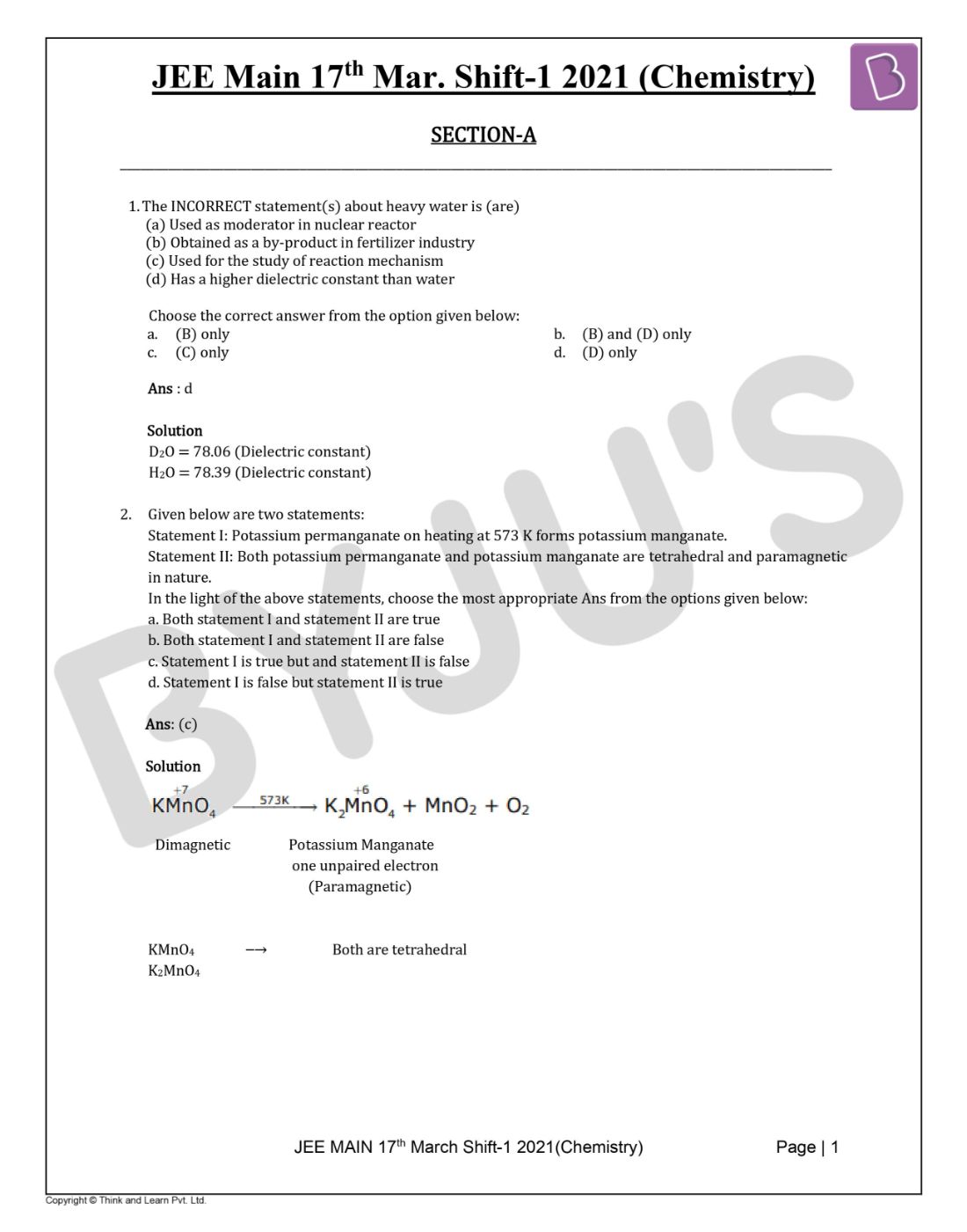 JEE Main 2021 March 17 Shift 1 Chemistry Question Paper with Solutions