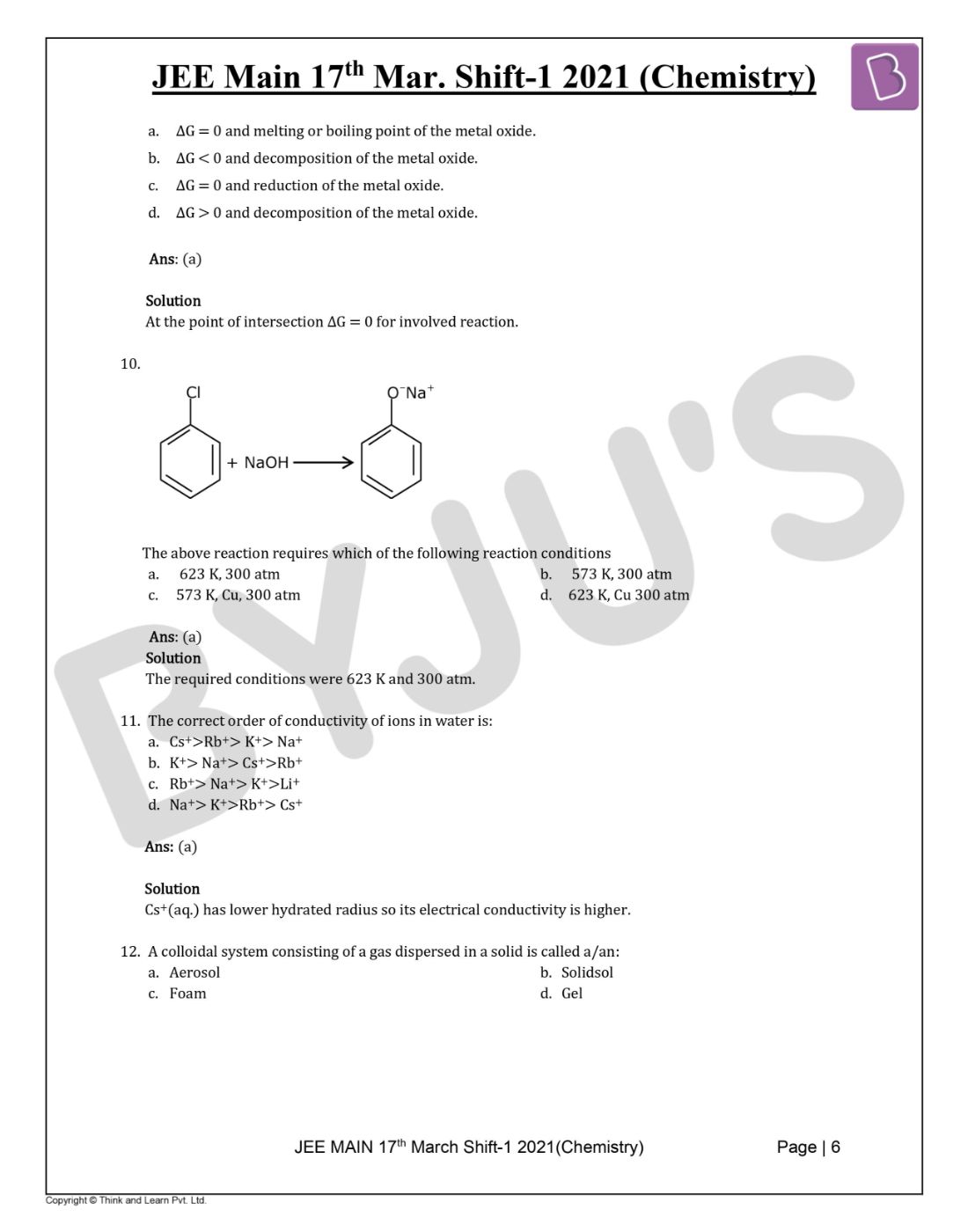 JEE Main 2021 March 17 Shift 1 Chemistry Question Paper with Solutions