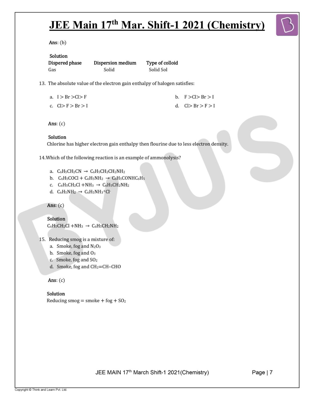 JEE Main 2021 March 17 Shift 1 Chemistry Question Paper with Solutions