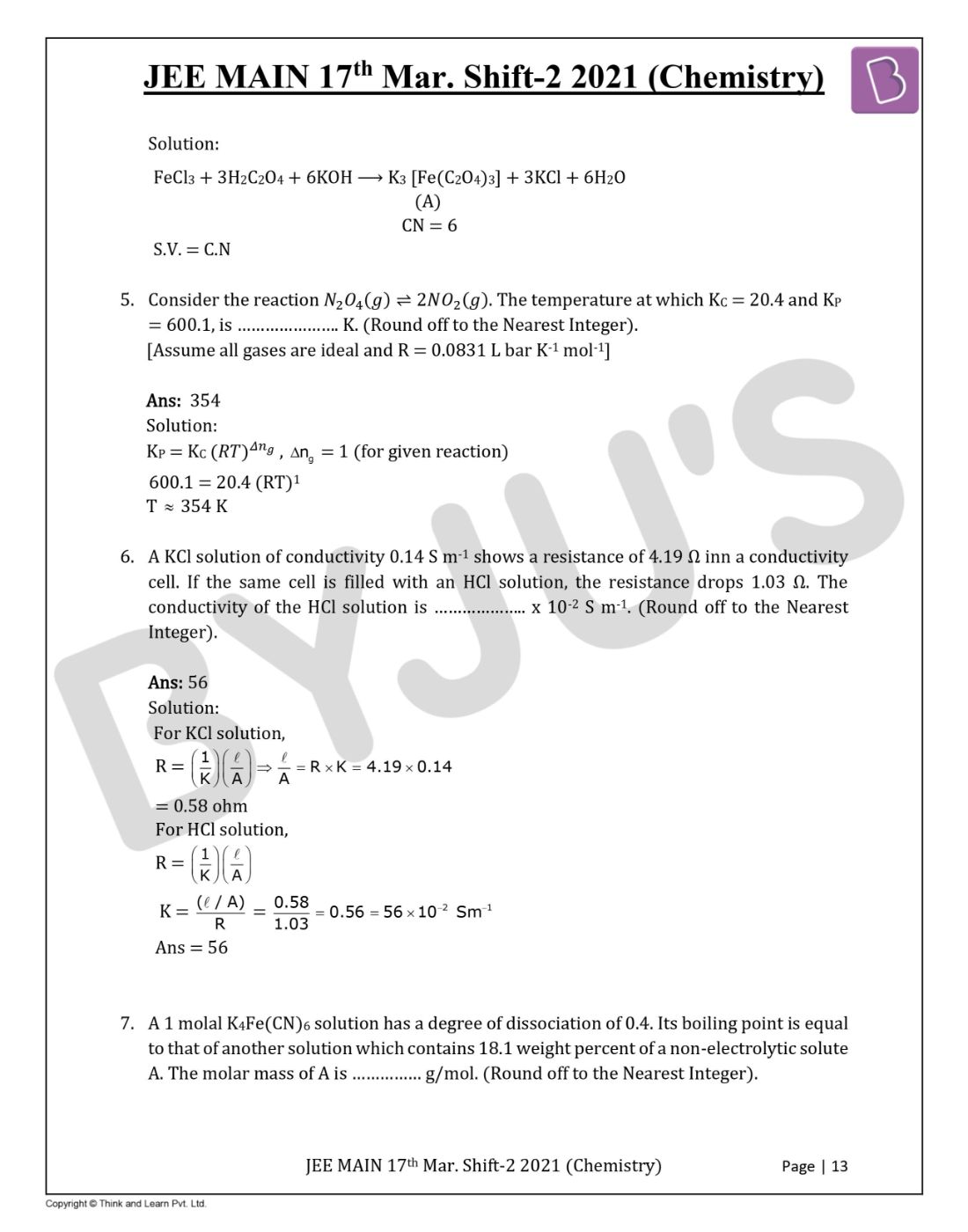 Solved JEE Main 2021 March 17 Shift 2 Chemistry Paper