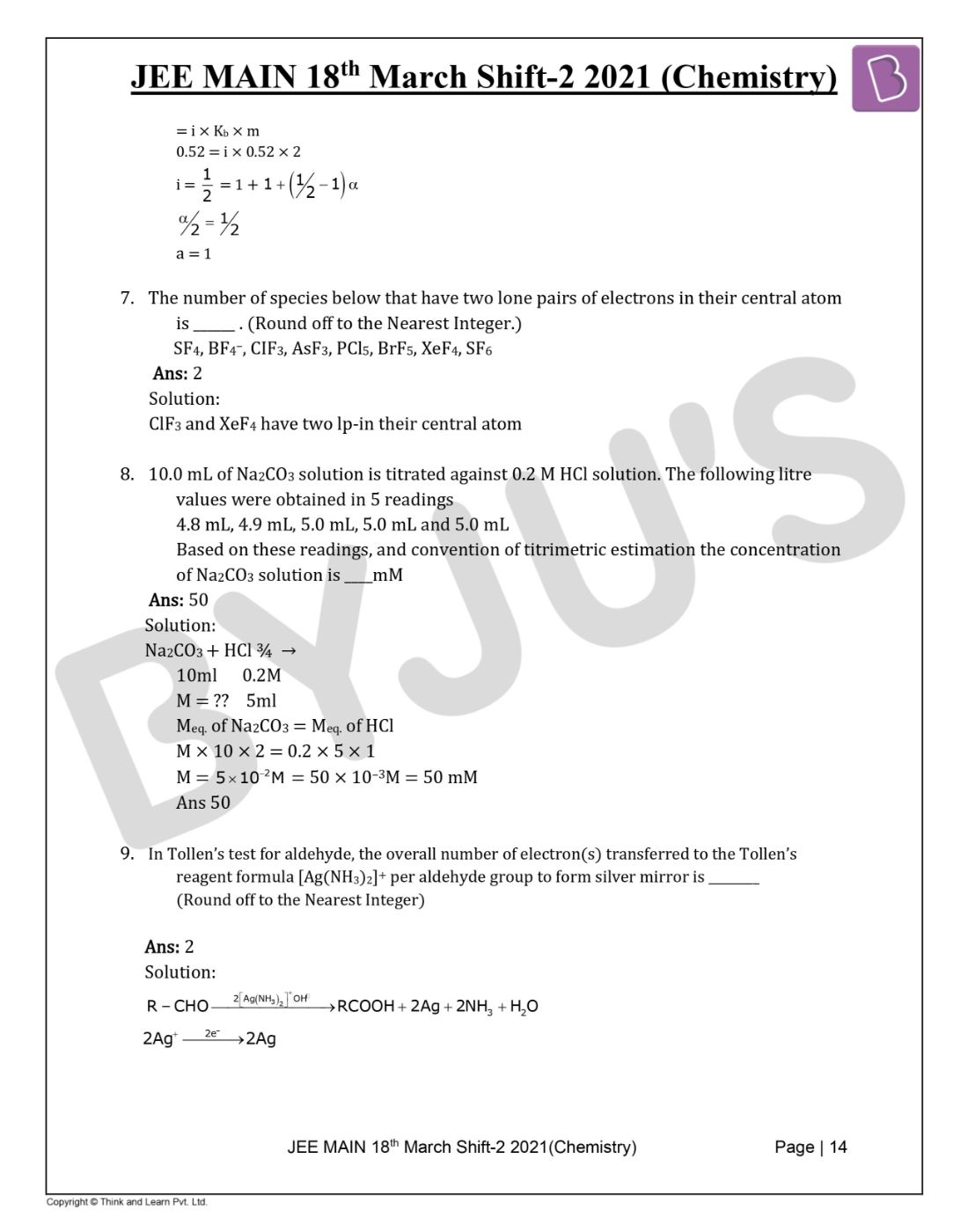 JEE Main 2021 March 18 Shift 2 Chemistry Solutions - Download PDF