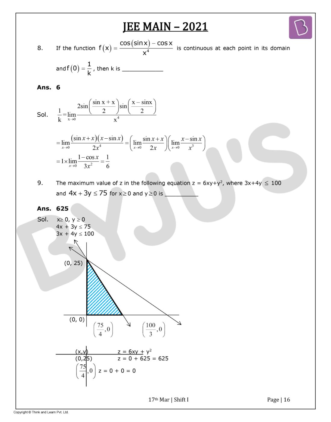 JEE Main 2021 March 17 Shift 1 Maths Question Paper with Solutions