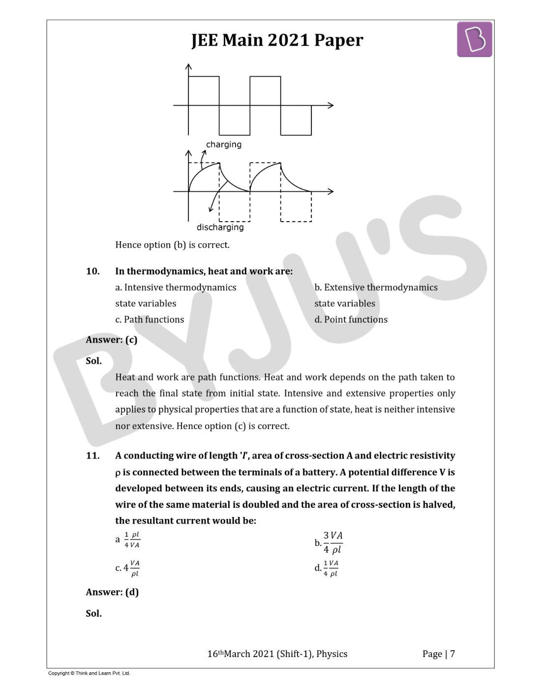 JEE Main 2021 March 16 Shift 1 Physics Question Paper with Solutions