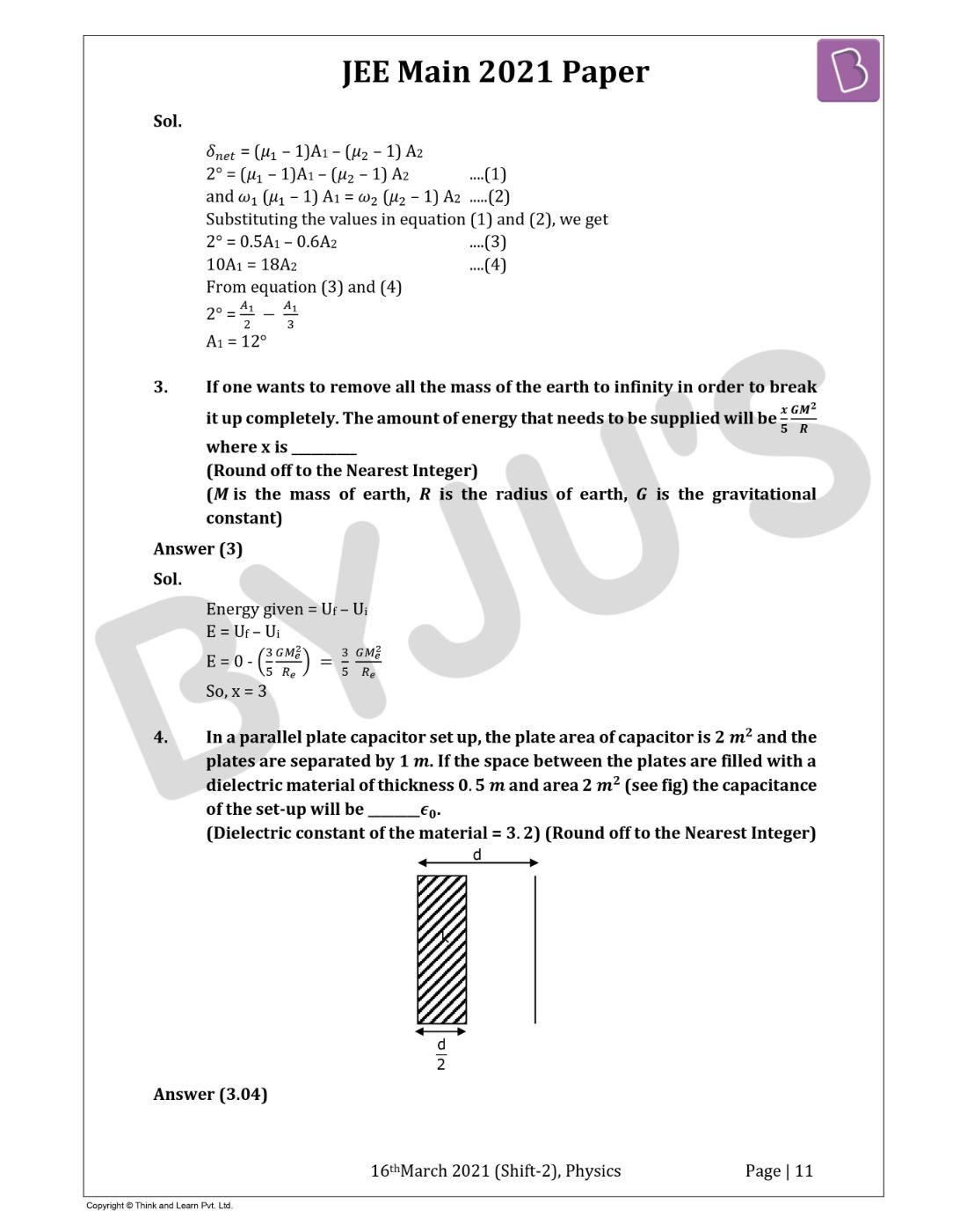 JEE Main 2021 March 16 Shift 2 Physics Question Solutions - Videos