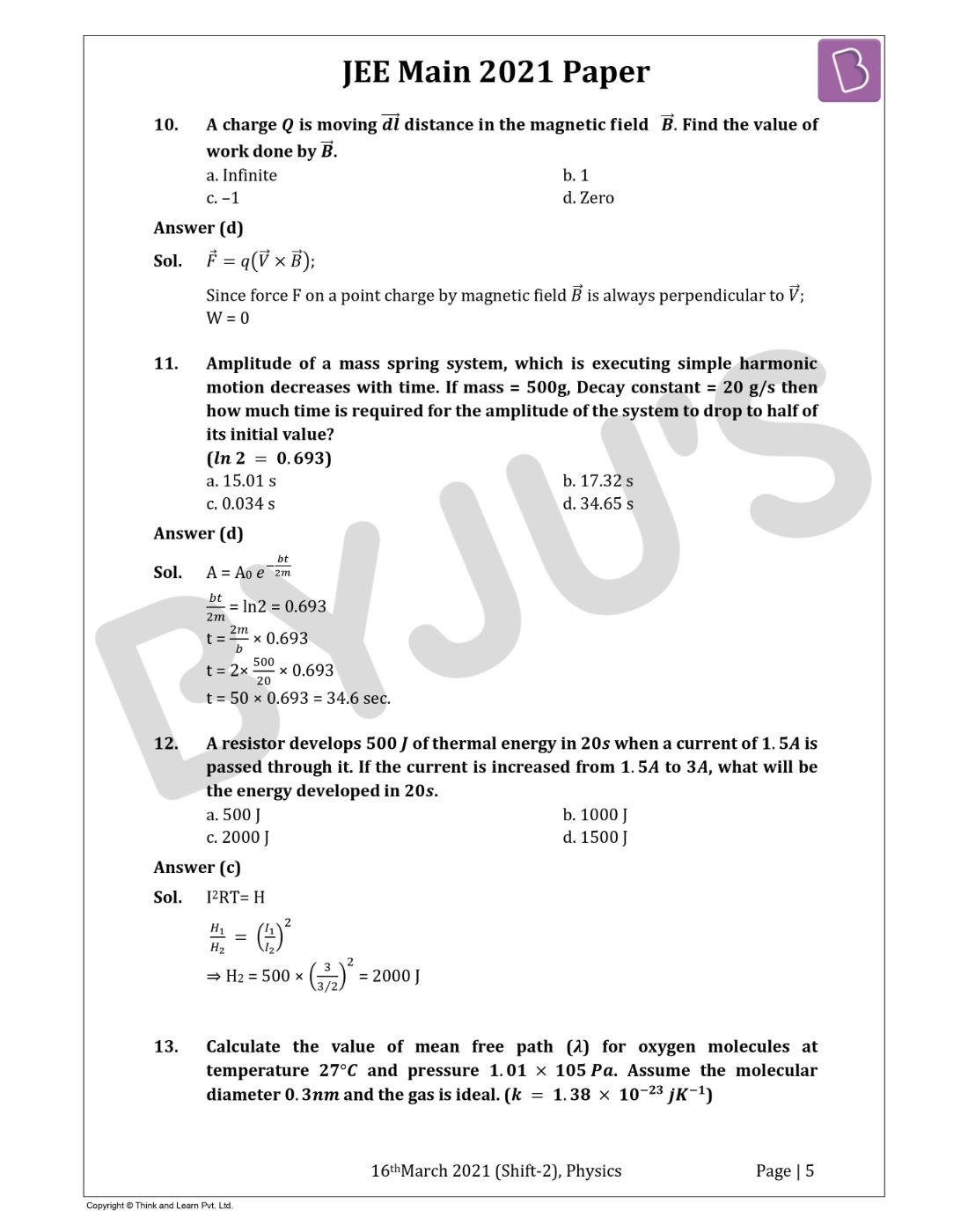 JEE Main 2021 March 16 Shift 2 Physics Question Solutions - Videos