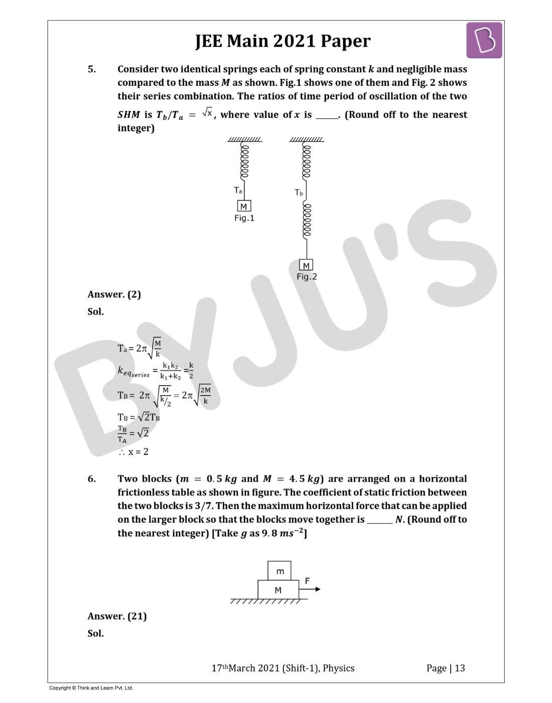 JEE Main 2021 March 17 Shift 1 Physics Question Paper with Solutions