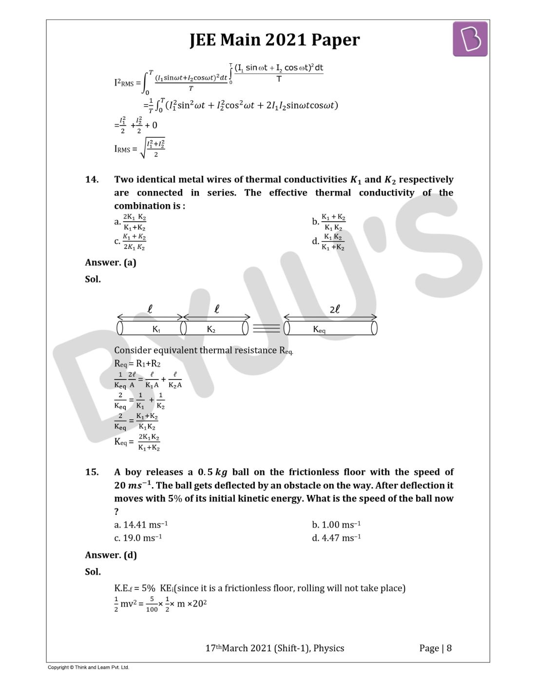 JEE Main 2021 March 17 Shift 1 Physics Question Paper with Solutions