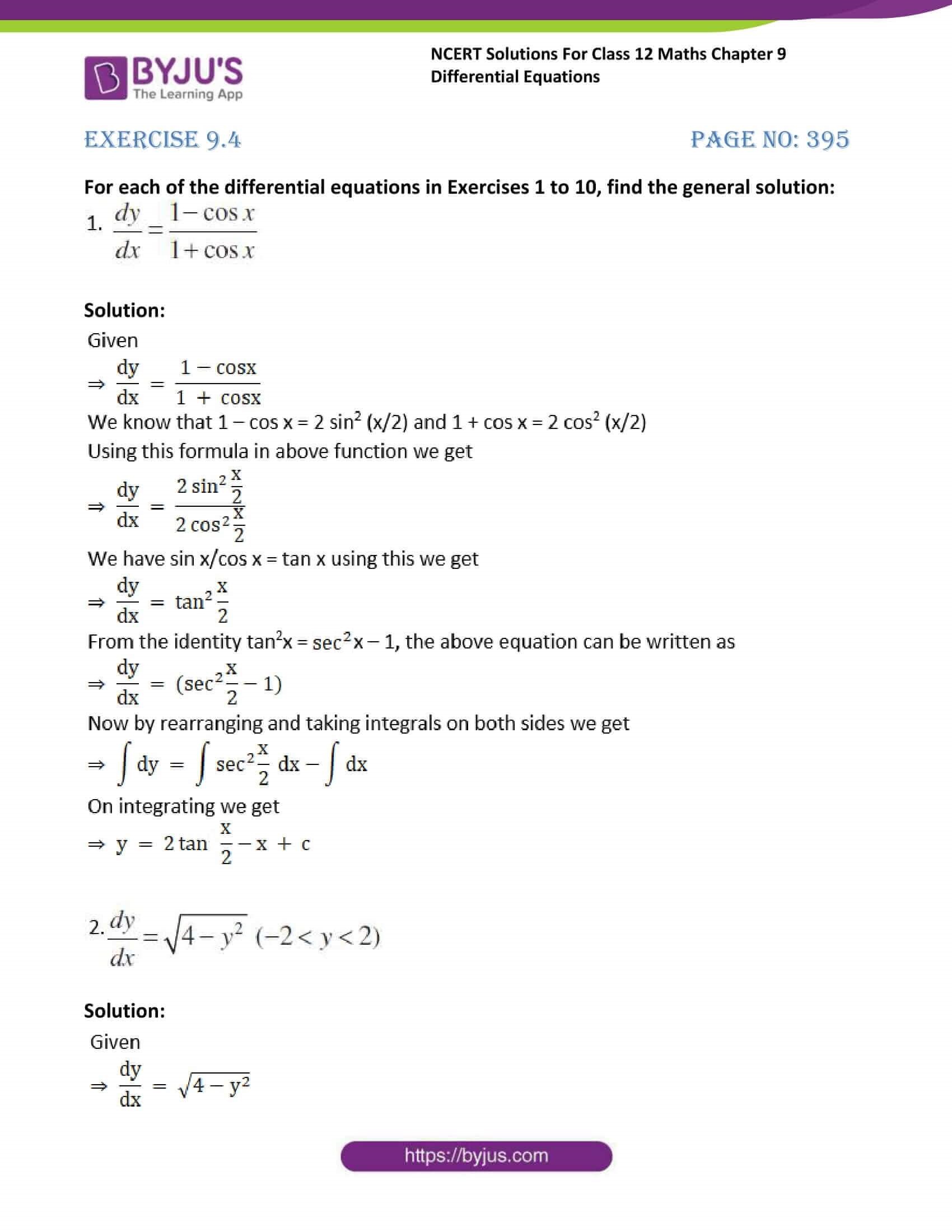 NCERT Solutions Class 12 Maths Chapter 9 Differential Equations