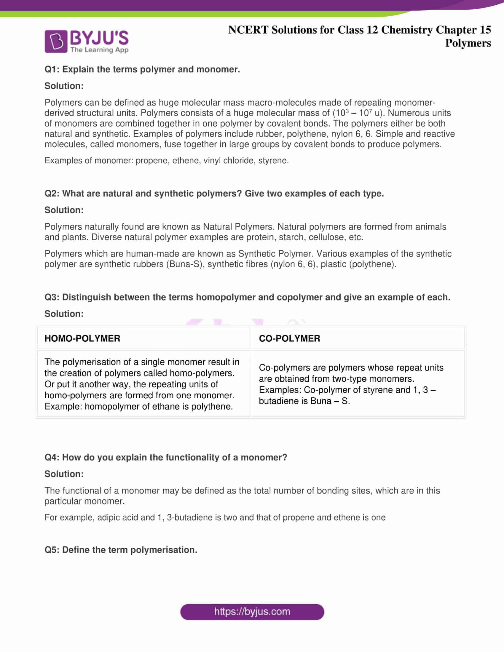 NCERT Solutions for Class 12 Chemistry Chapter 15 Polymers