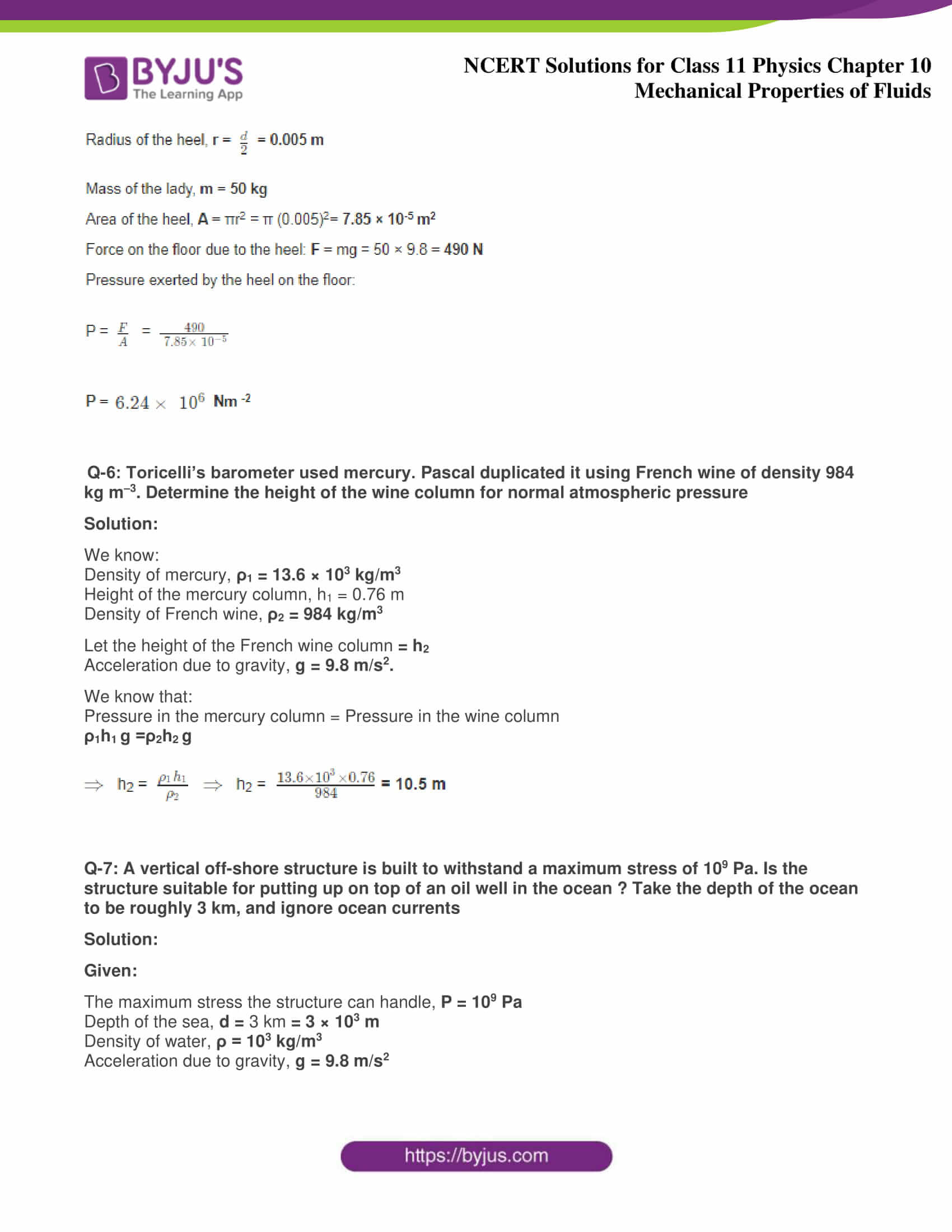 NCERT Solutions for Class 11 Physics Chapter 10 Mechanical Properties of Fluids