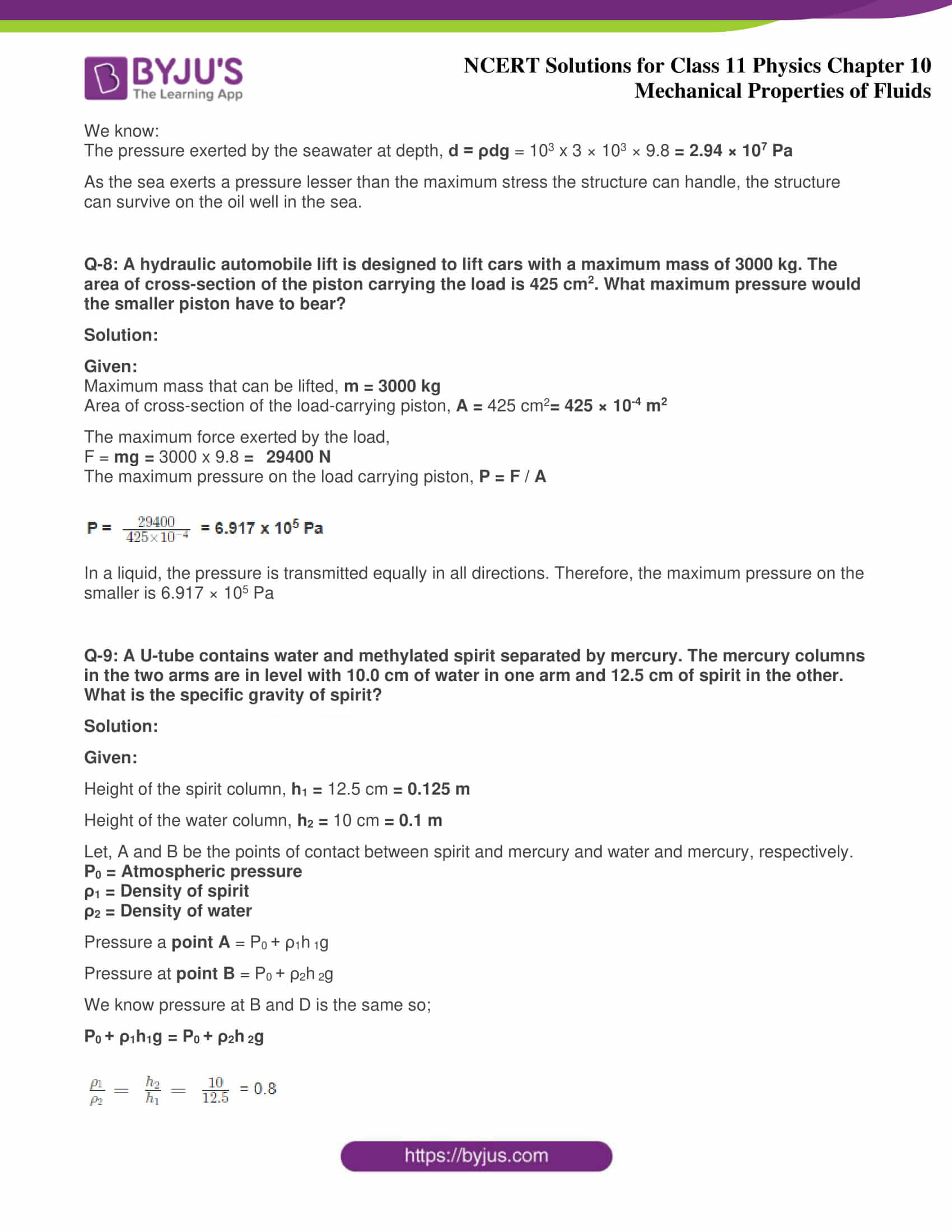 Class 11 Physics Mechanical Properties Of Fluids Ncert