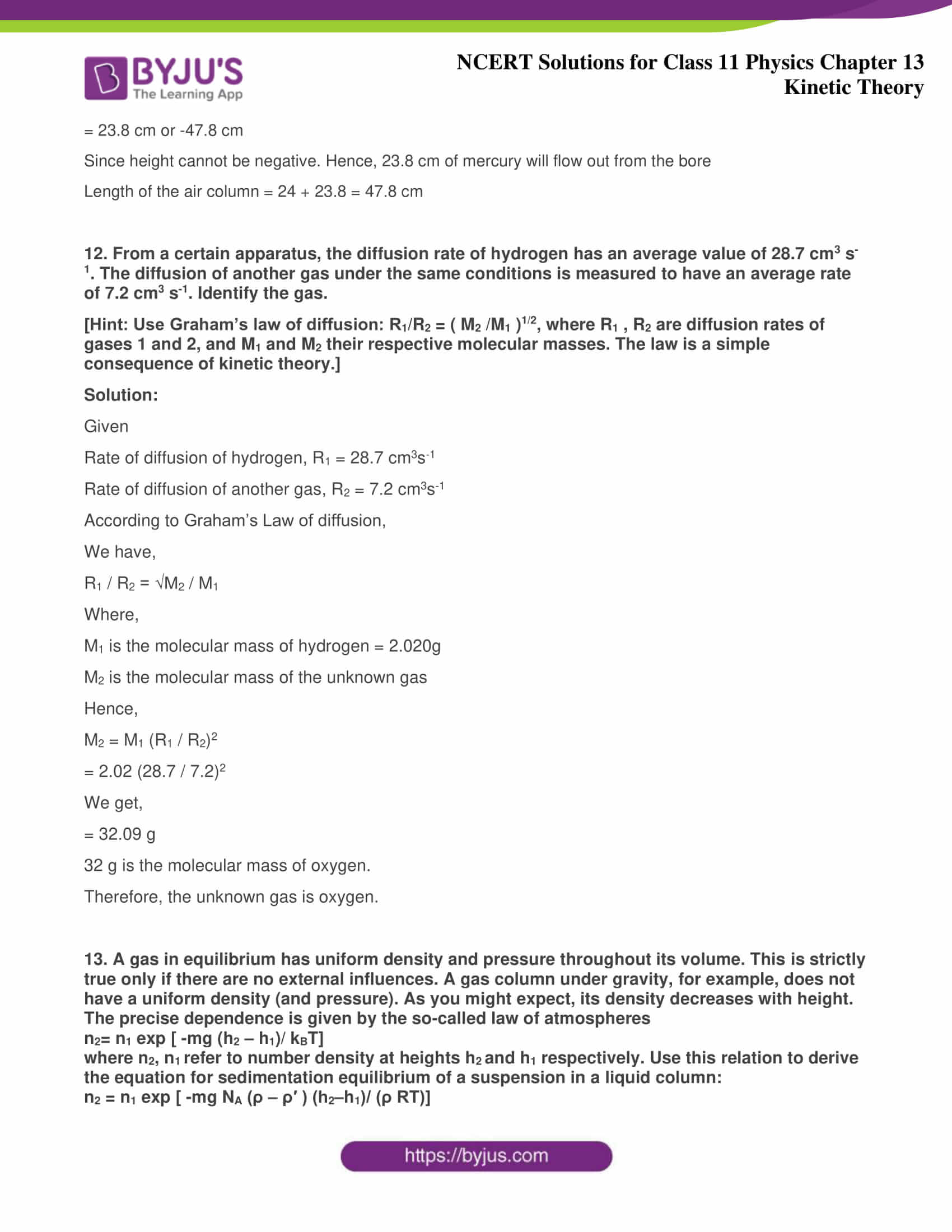 NCERT Solutions for Class 11 Physics Chapter 13 Kinetic Theory