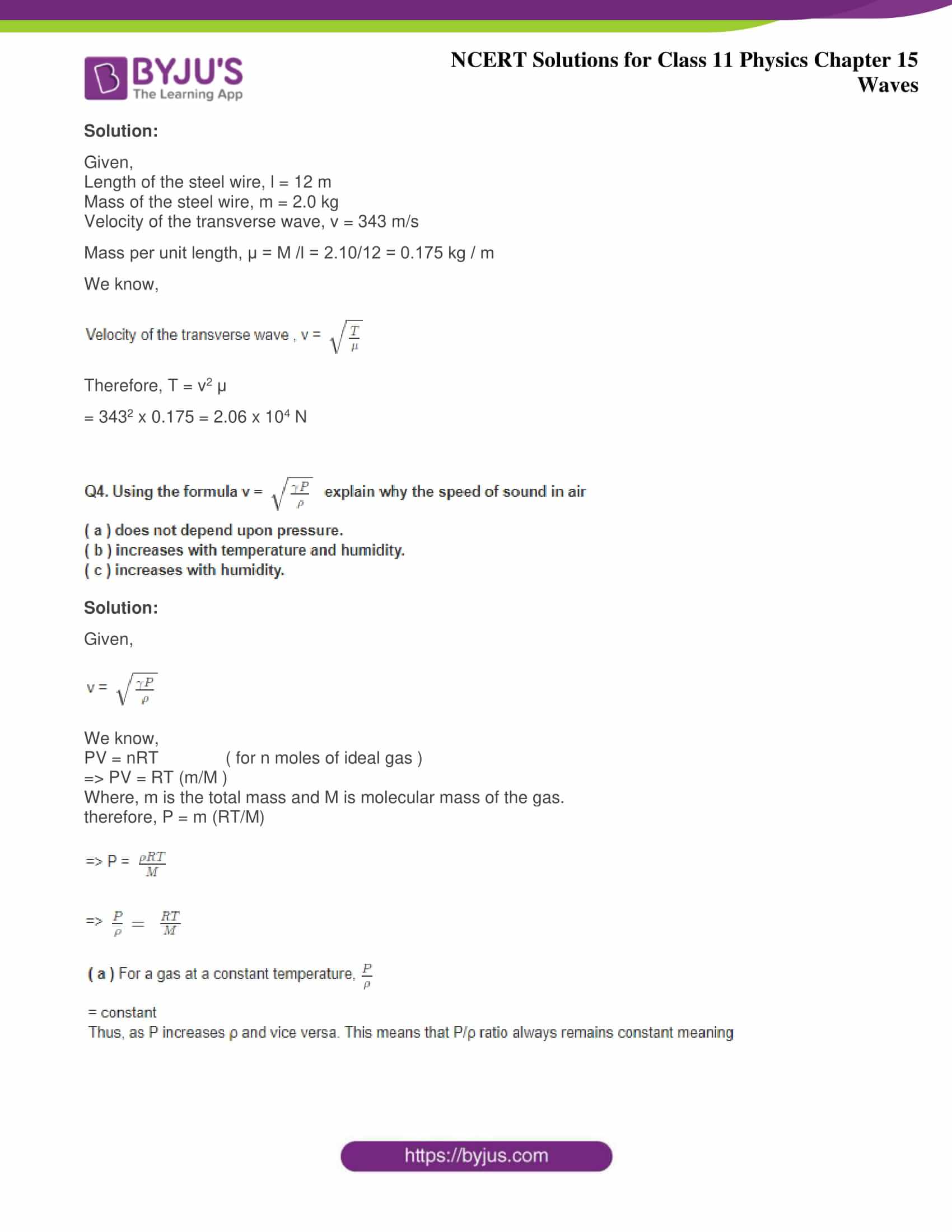 NCERT Solutions for Class 11 Physics Chapter 15 Waves