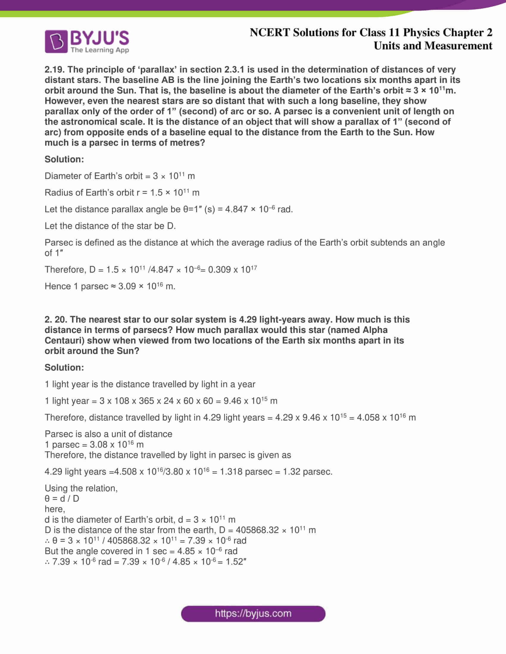 NCERT Solutions For Class 11 Physics Chapter 2 Units And Measurements 