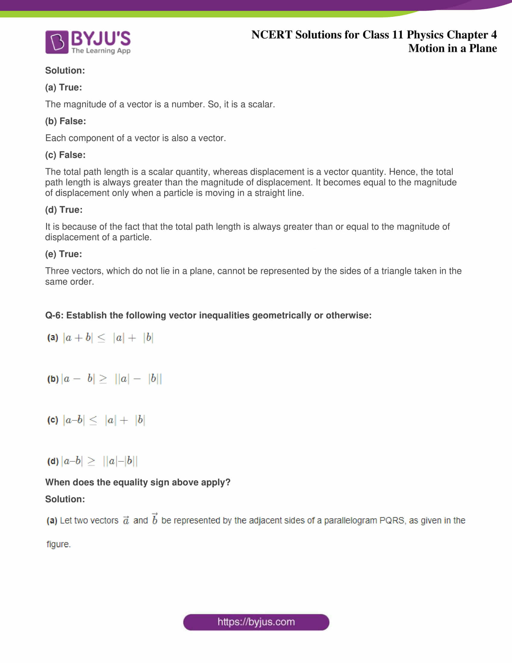 NCERT Solutions for Class 11 Physics Chapter 4 Motion In A Plane