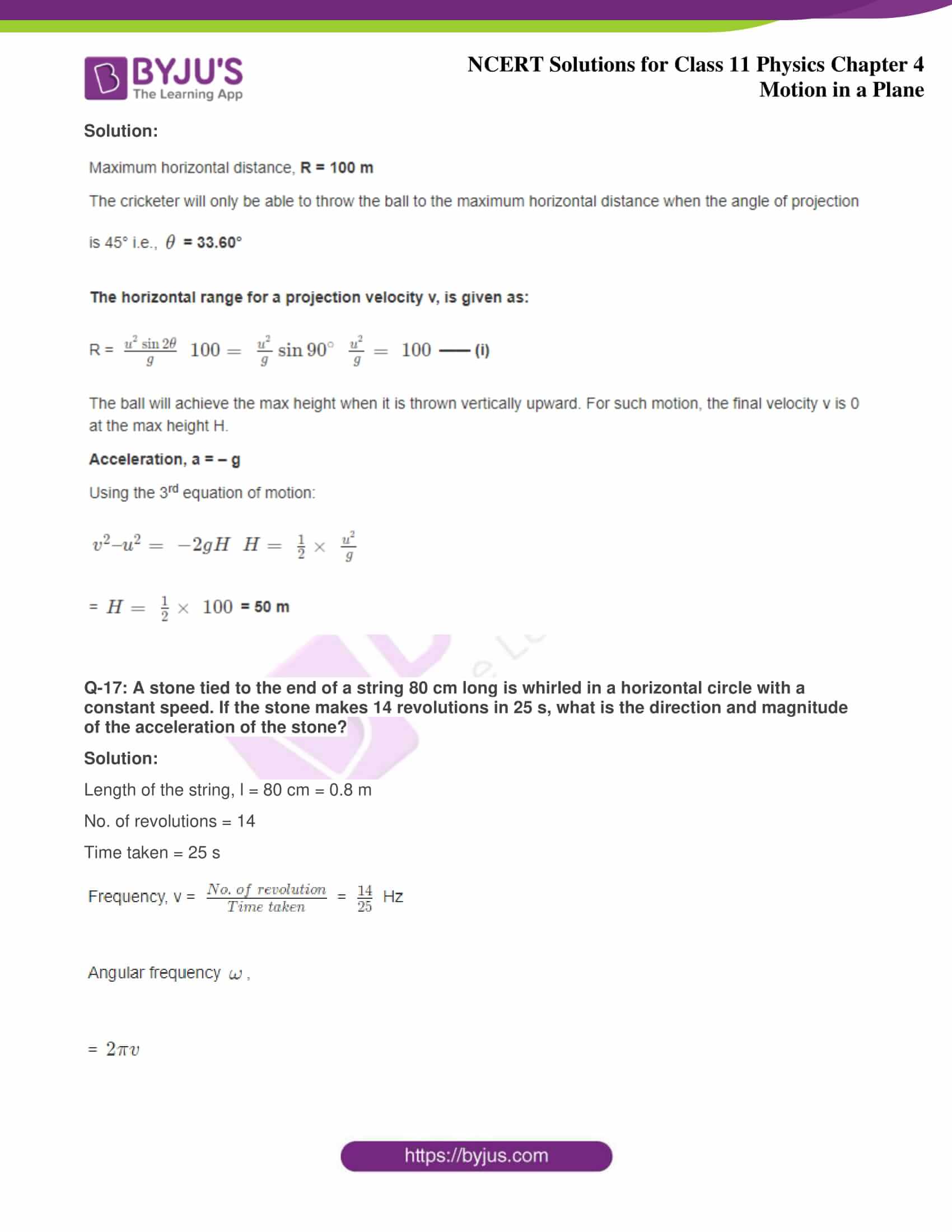 NCERT Solutions for Class 11 Physics Chapter 4 Motion In A Plane