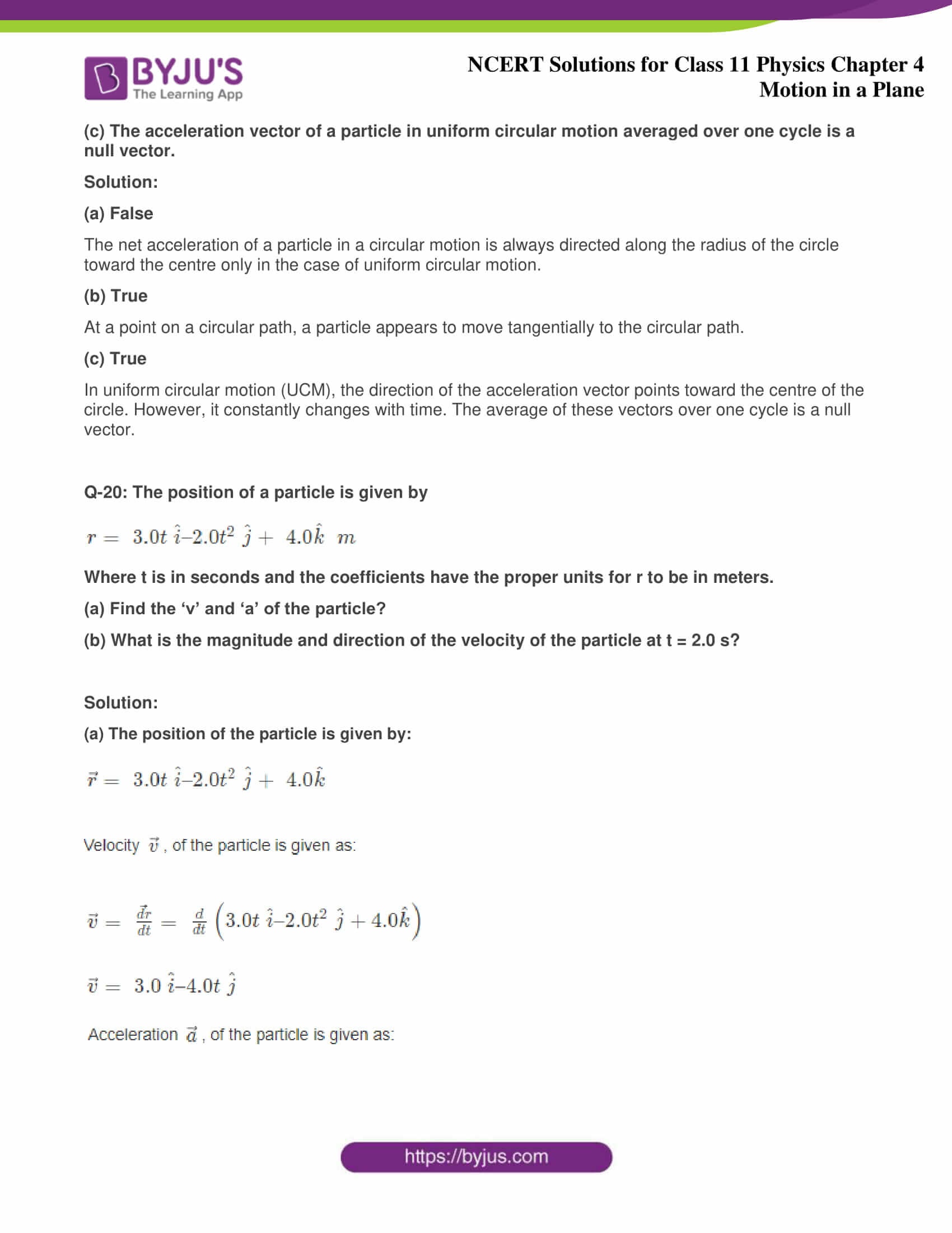 NCERT Solutions for Class 11 Physics Chapter 4 Motion In A Plane