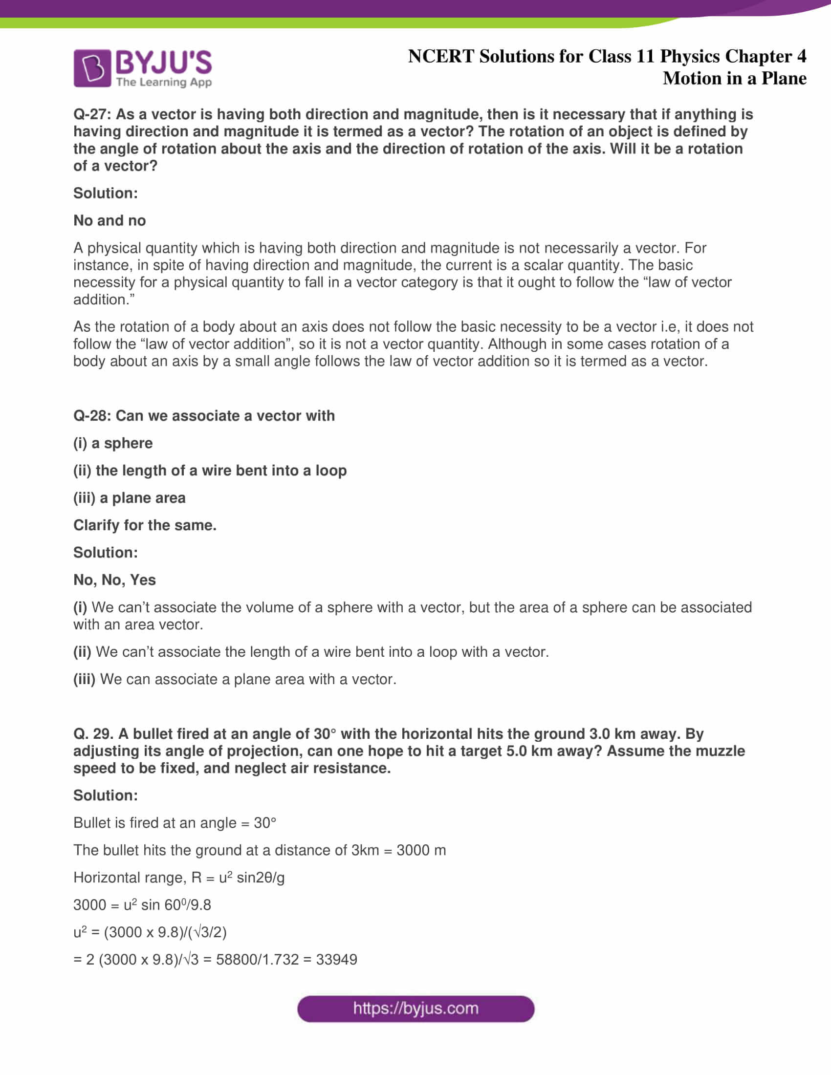 NCERT Solutions for Class 11 Physics Chapter 4 Motion In A Plane