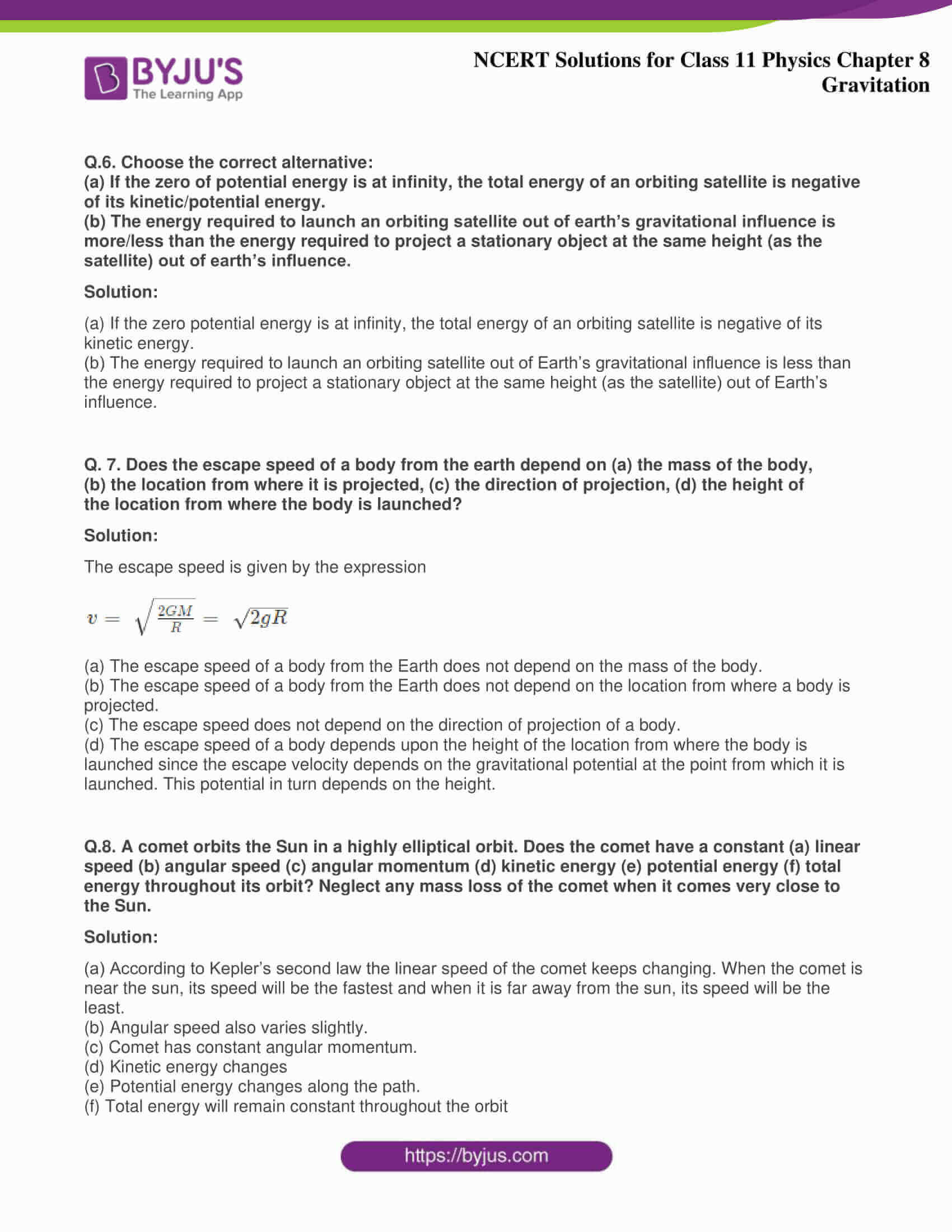 NCERT Solutions for Class 11 Physics Chapter 8 Gravitation