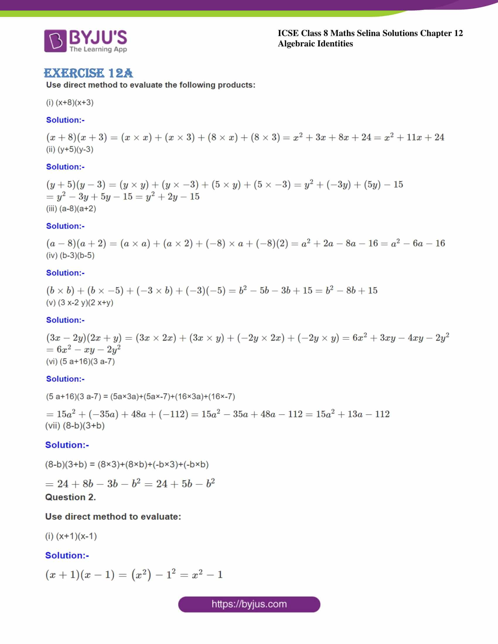 Selina Solutions Class 8 Concise Maths Chapter 12 Algebraic Identities Selina Solutions Class 8 Concise Maths Chapter 12 Algebraic Identities