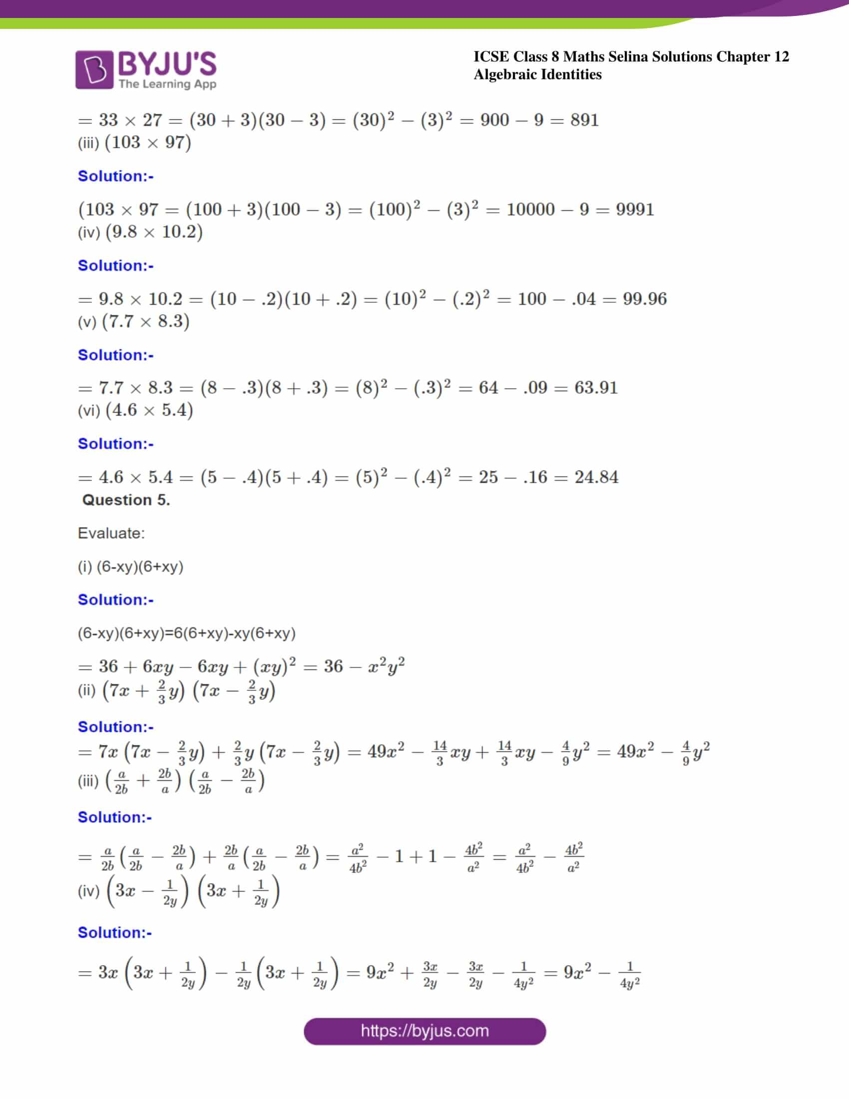 Selina Solutions Class 8 Concise Maths Chapter 12 Algebraic Identities Selina Solutions Class 8 Concise Maths Chapter 12 Algebraic Identities