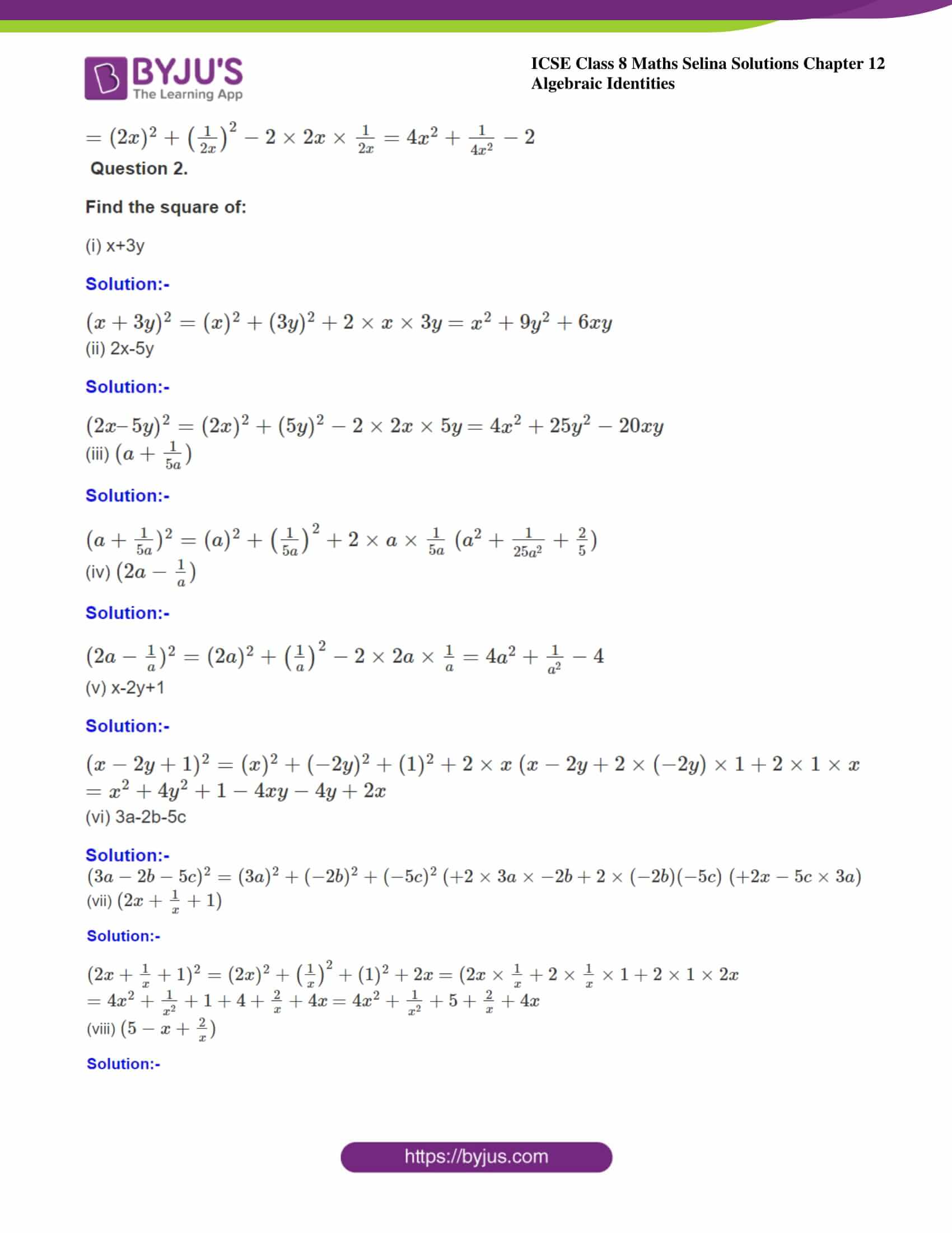 Selina Solutions Class 8 Concise Maths Chapter 12 Algebraic Identities Selina Solutions Class 8 Concise Maths Chapter 12 Algebraic Identities