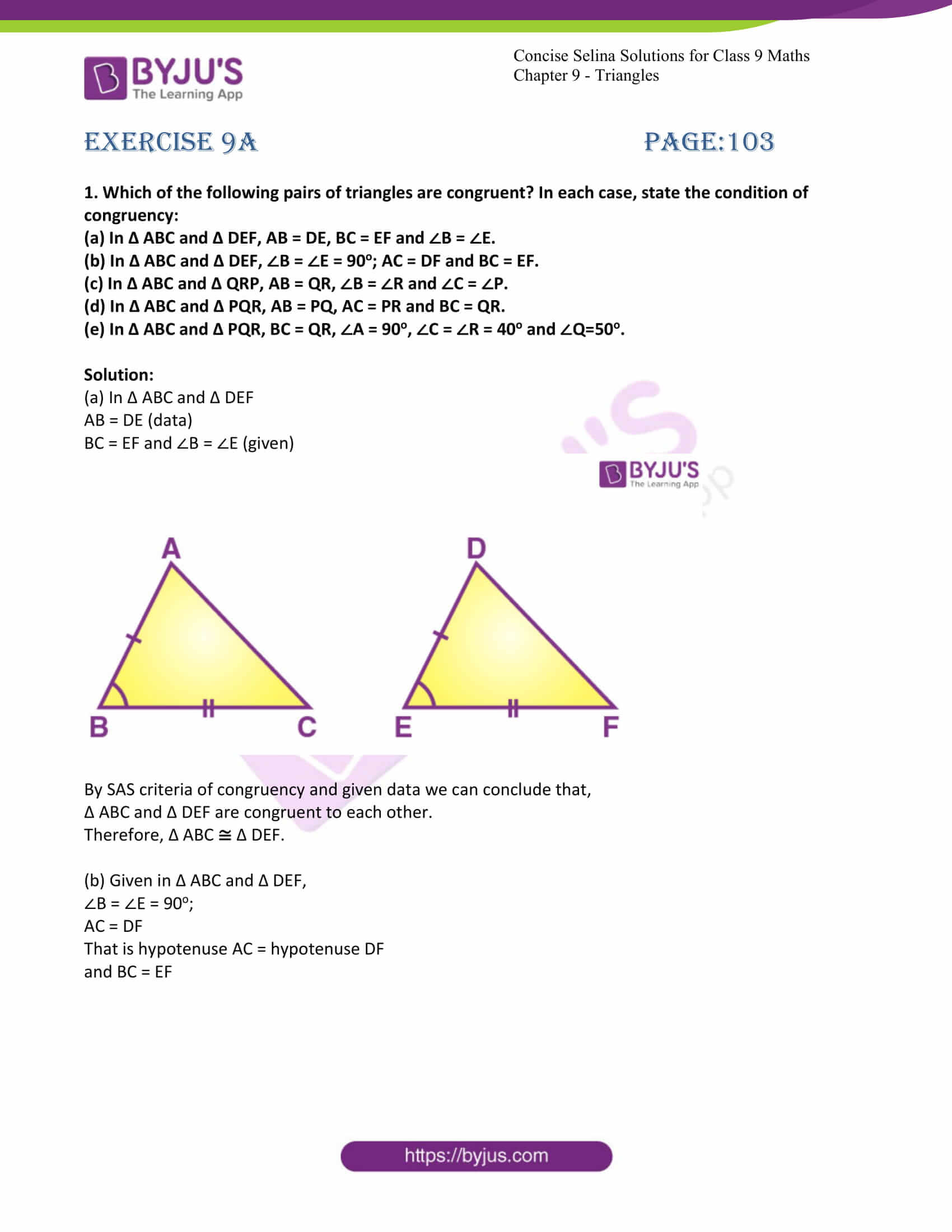 Selina Solutions Class 9 Concise Maths Chapter 9 Triangles Download 