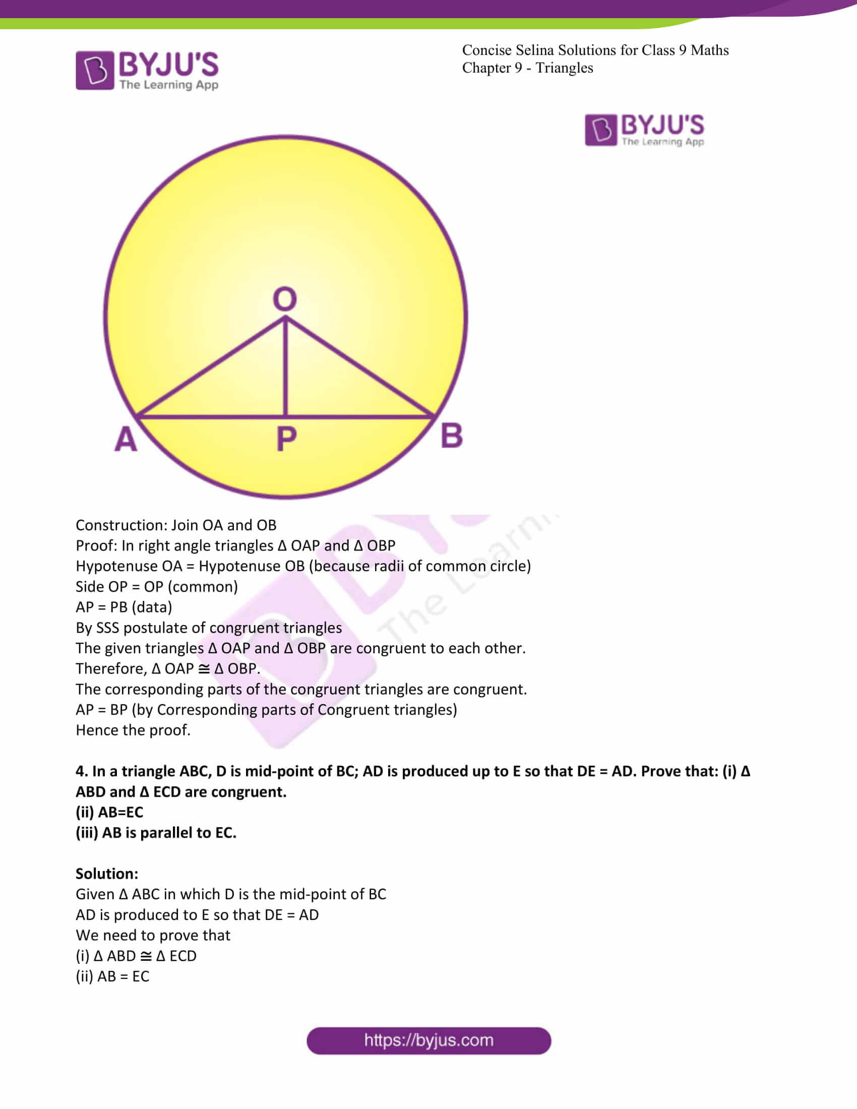 Selina Solutions Class 9 Concise Maths Chapter 9 Triangles Download