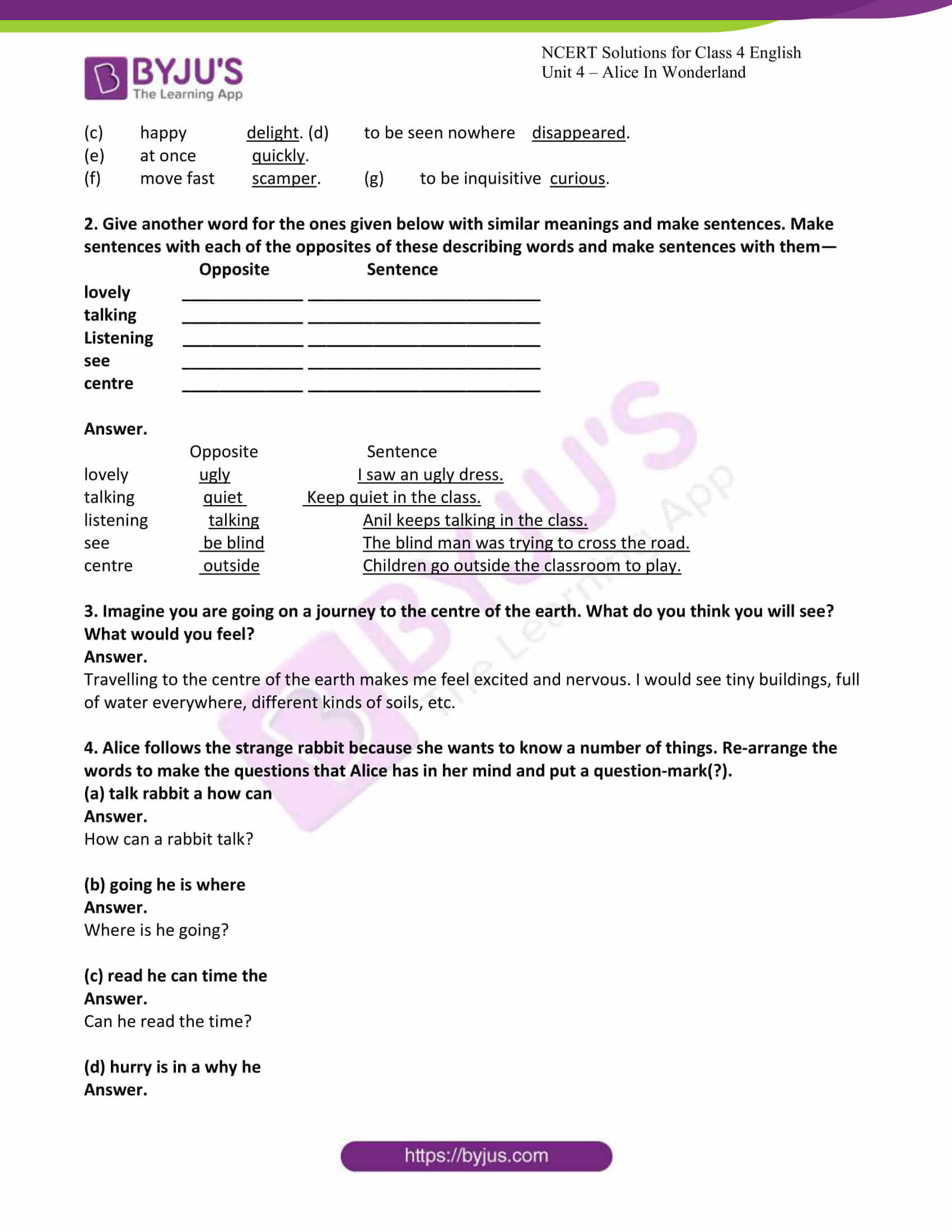 NCERT Solutions For Class 4 English Chapter 4 Why And Alice In