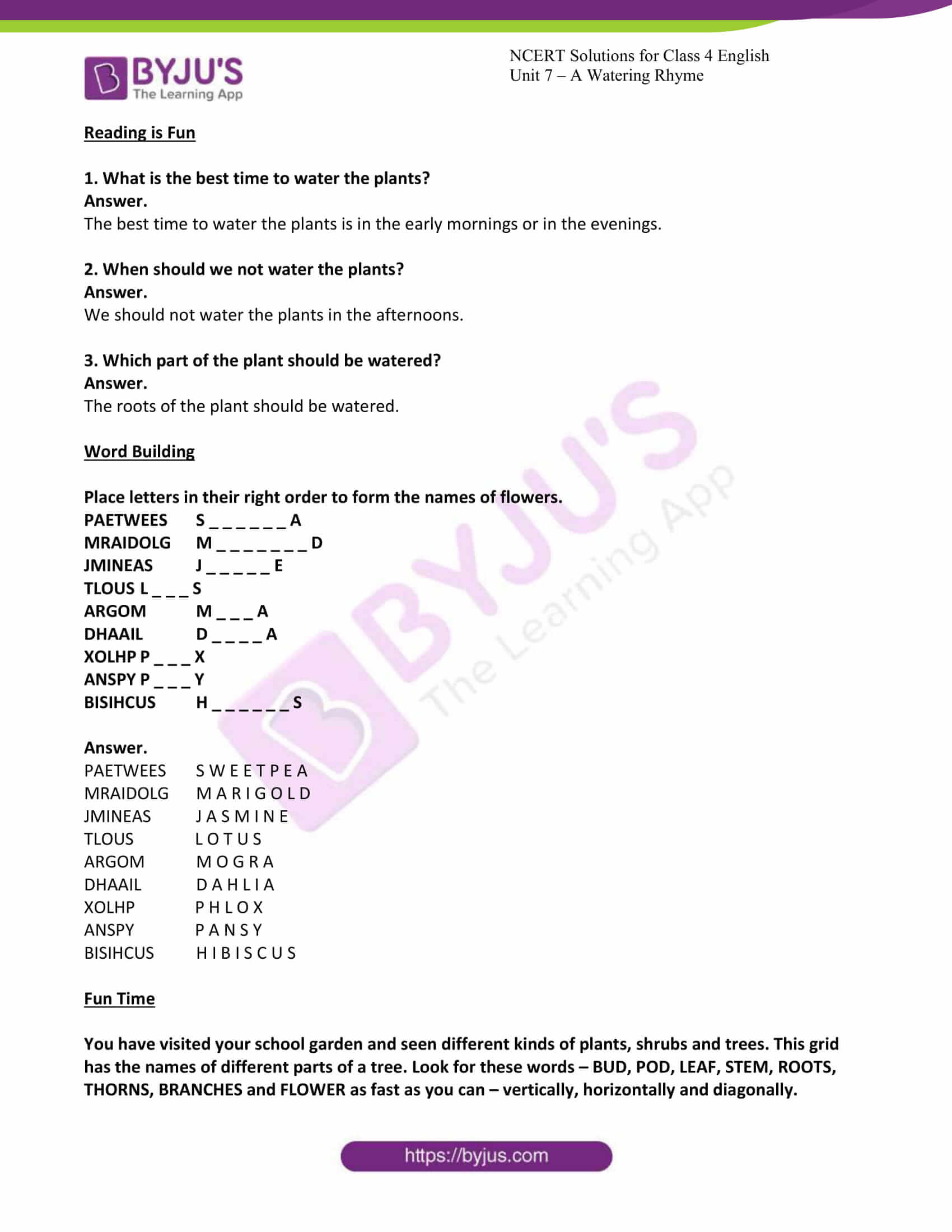 NCERT Solutions For Class 4 English Chapter 7 The Watering Rhyme The