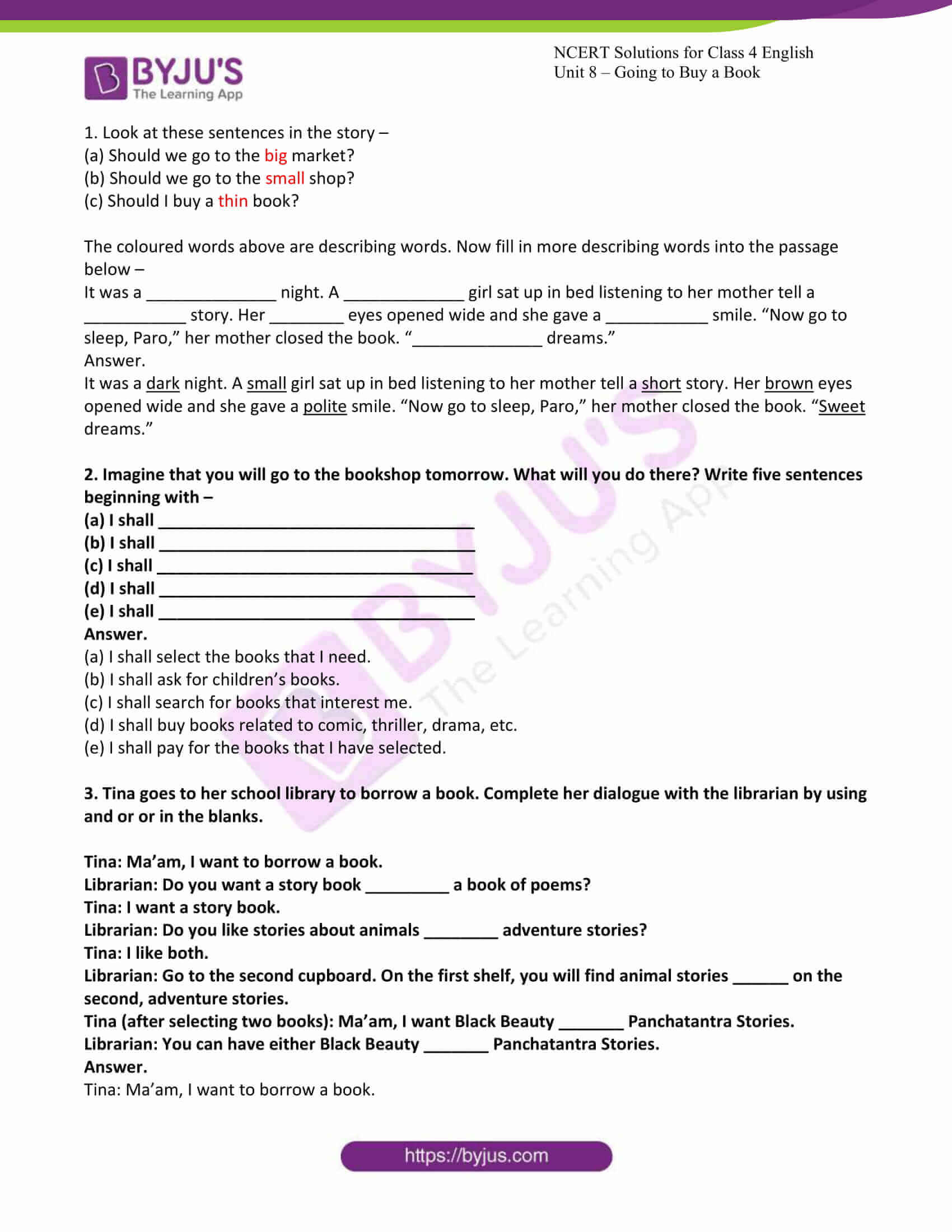 NCERT Solutions For Class 4 English Chapter 8 - Books and Going to buy ...