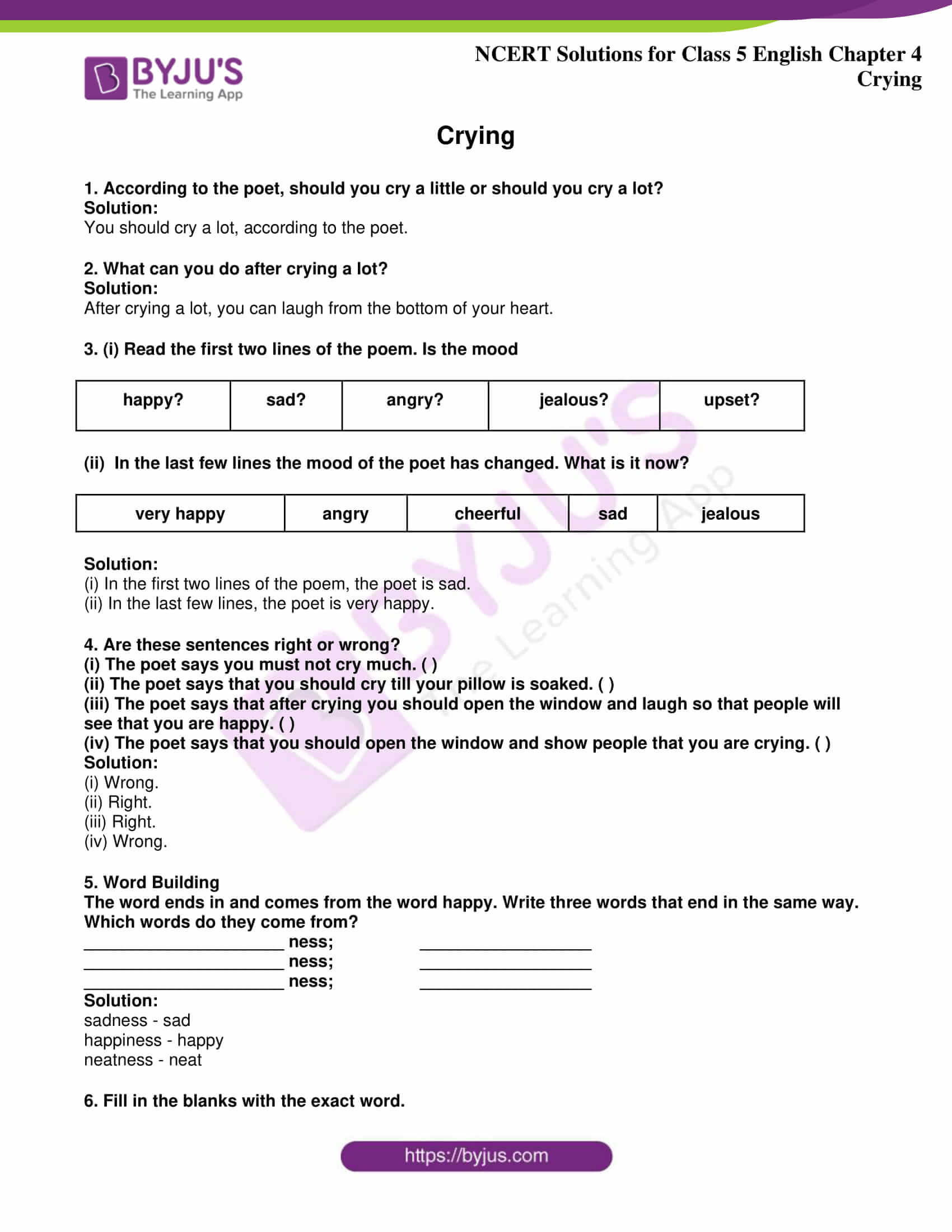 NCERT Solutions for Class 5 English Chapter 4 Crying and My Elder ...