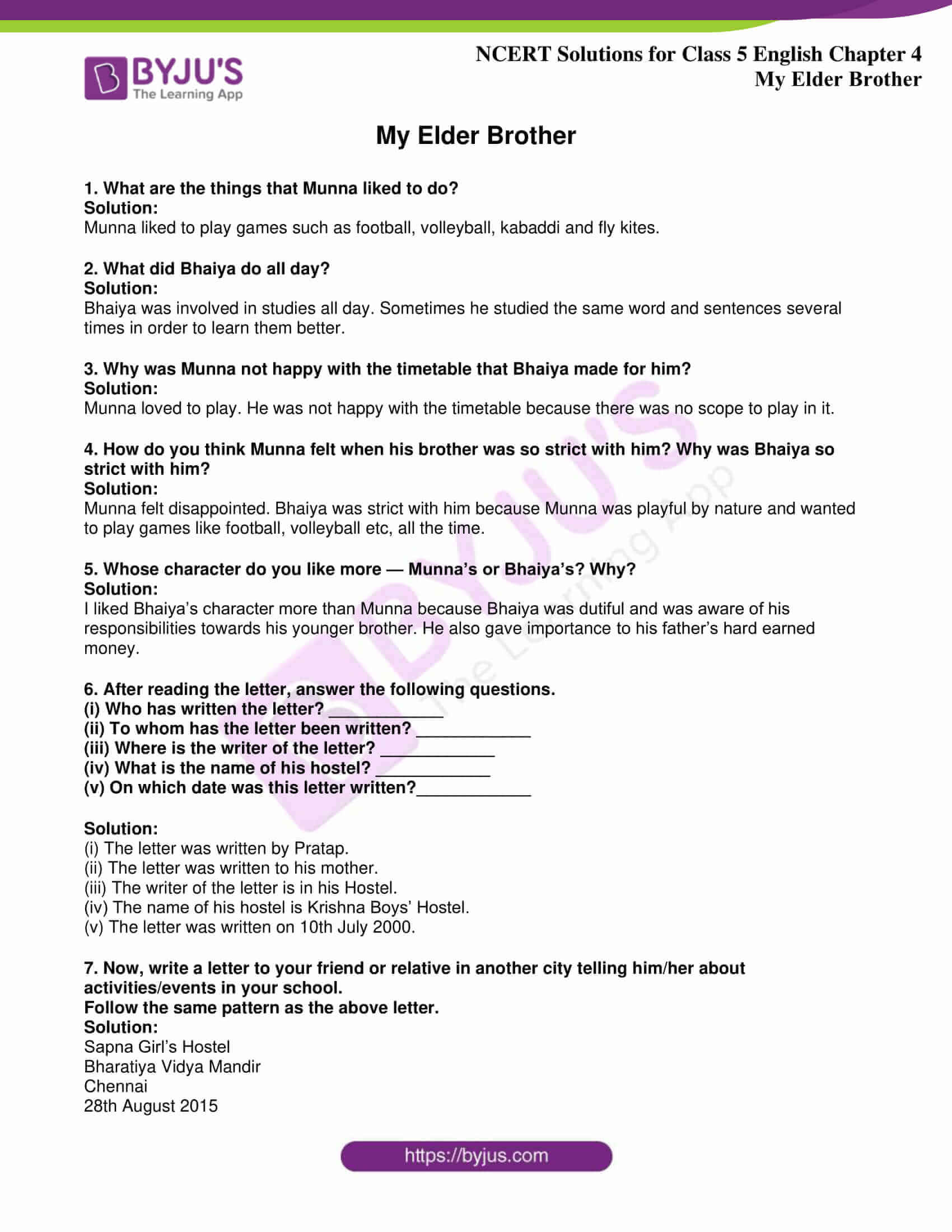 NCERT Solutions for Class 5 English Chapter 4 Crying and My Elder ...