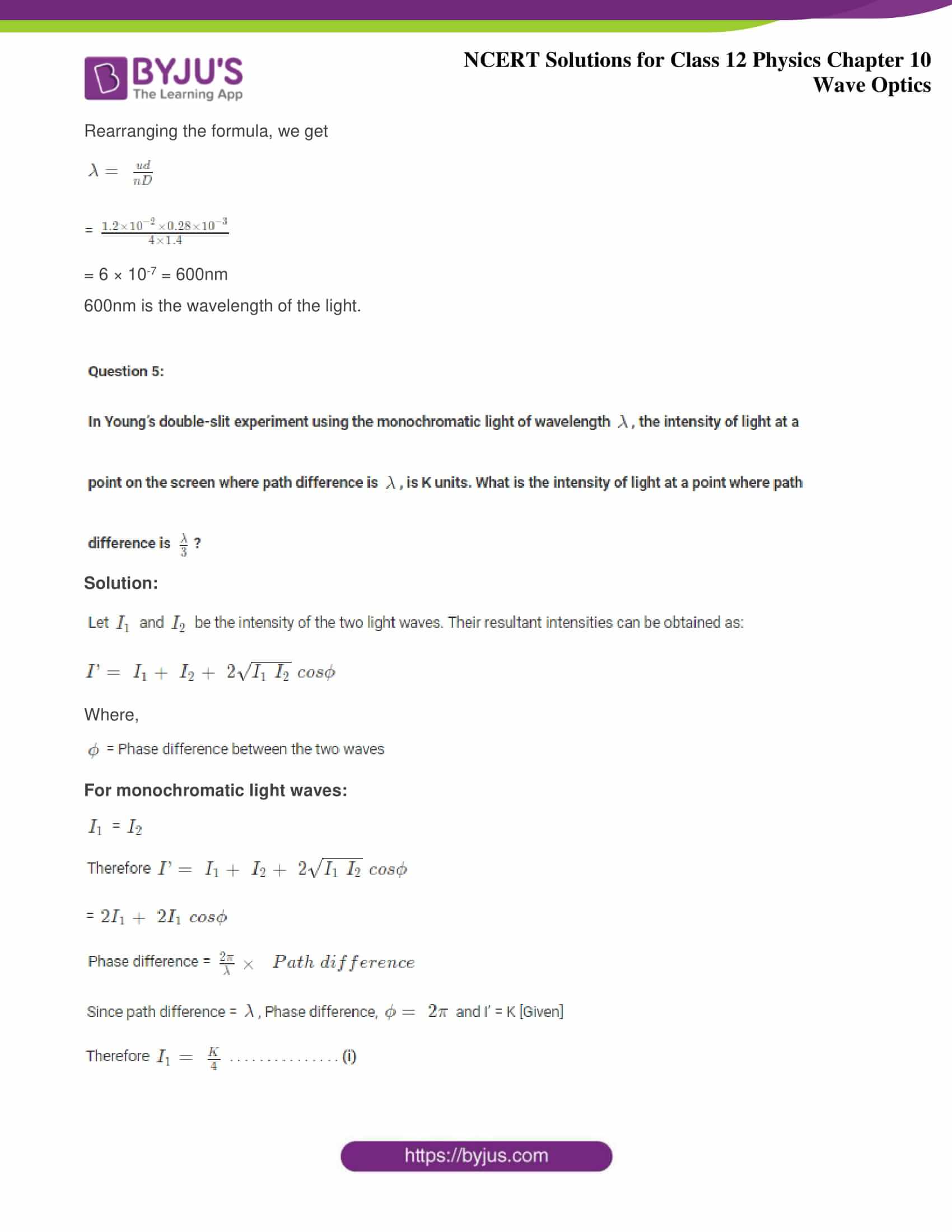 NCERT Solutions for Class 12 Physics Chapter 10 Wave Optics