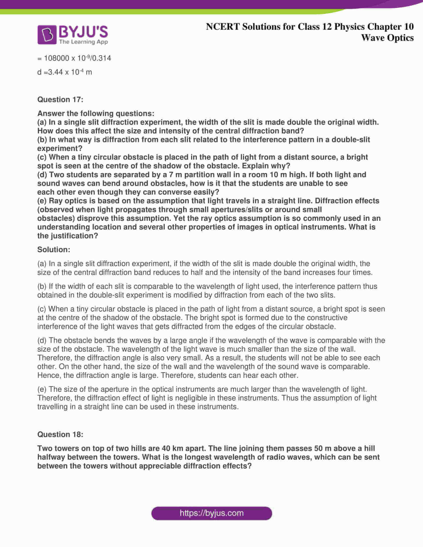 NCERT Solutions for Class 12 Physics Chapter 10 Wave Optics