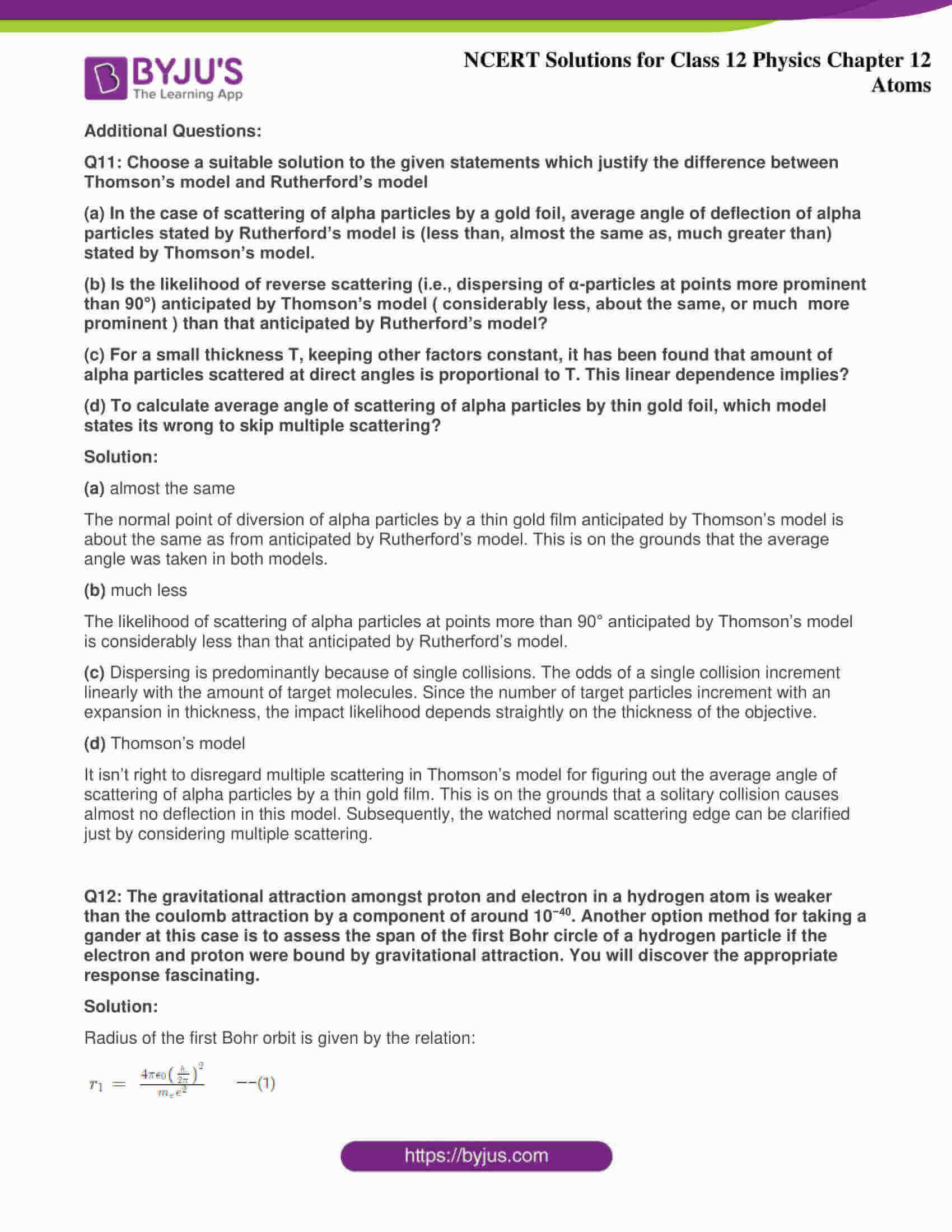 NCERT Solutions for Class 12 Physics Chapter 12 Atoms