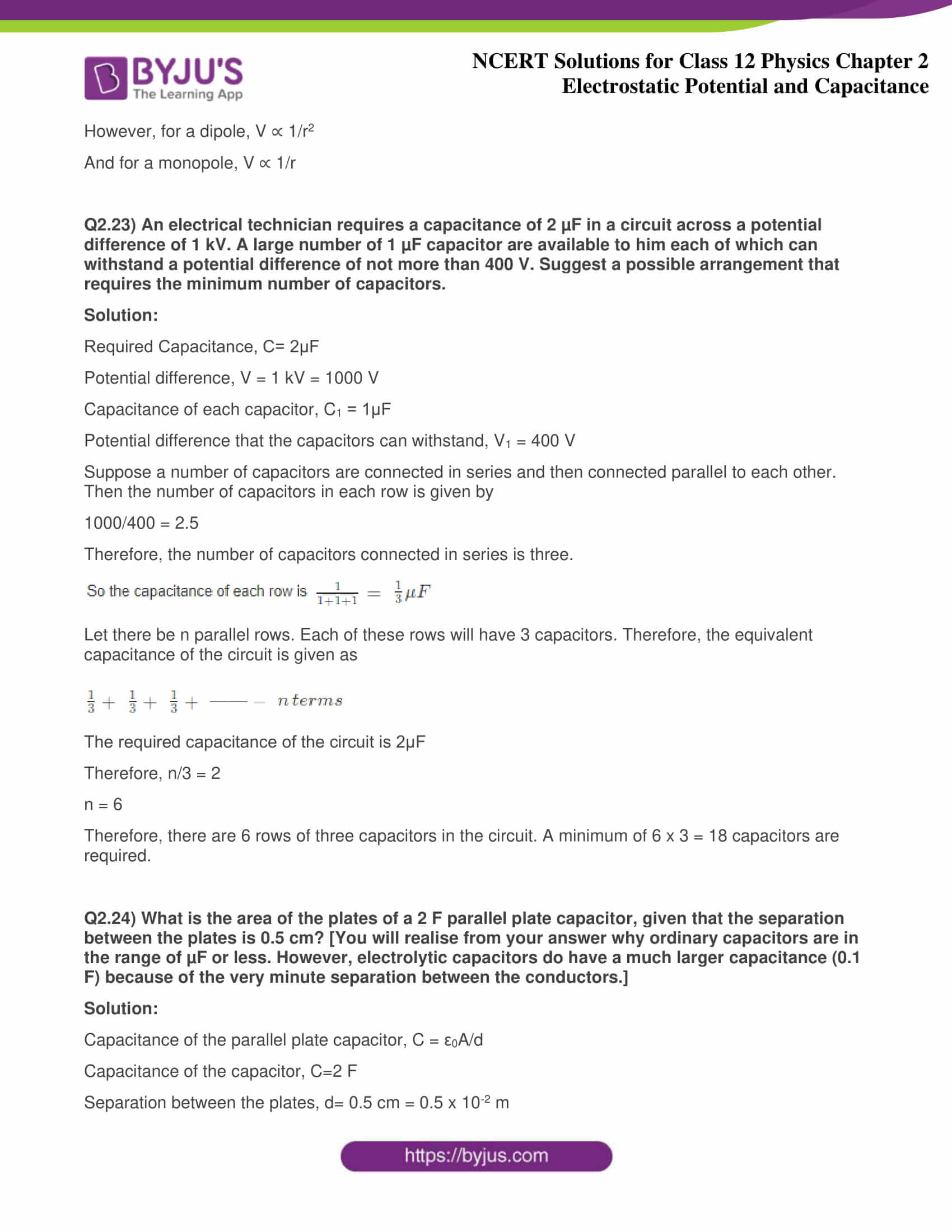 NCERT Solutions for Class 12 Physics Chapter 2 Electrostatic Potential And Capacitance