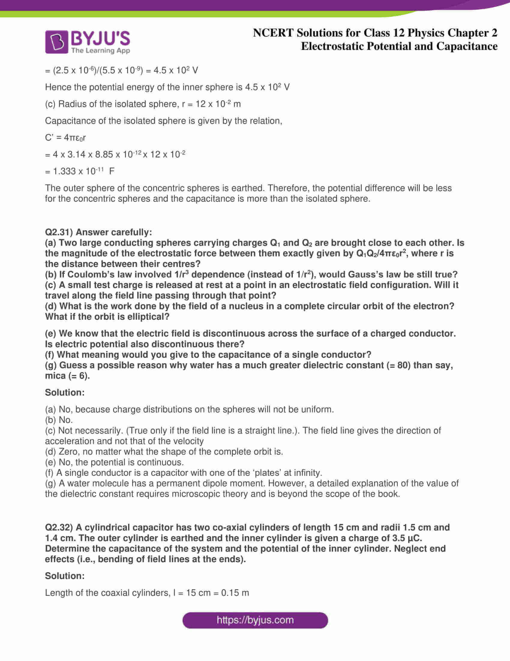 NCERT Solutions for Class 12 Physics Chapter 2 Electrostatic Potential And Capacitance