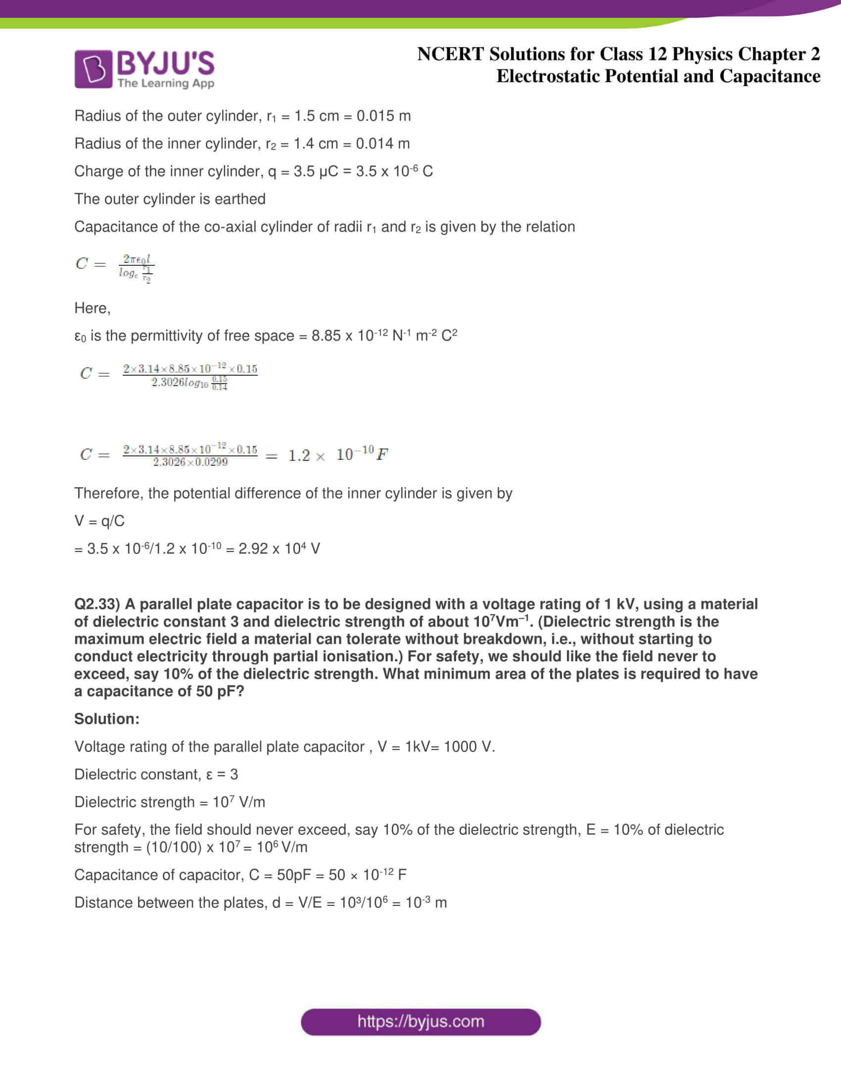 NCERT Solutions for Class 12 Physics Chapter 2 Electrostatic Potential And Capacitance