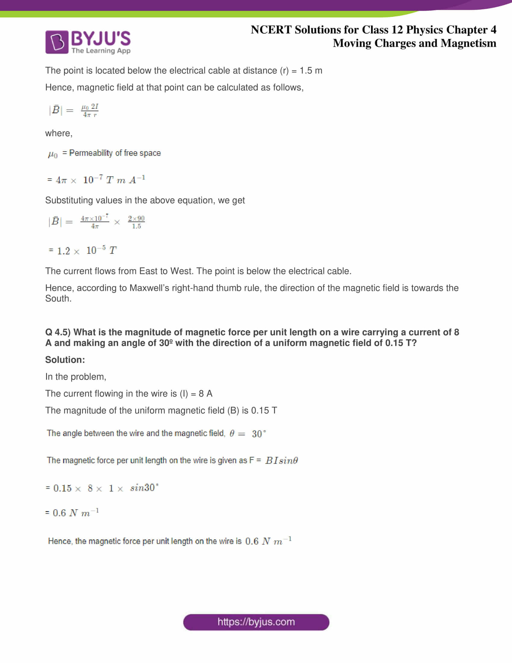 NCERT Solutions Class 12 Physics Chapter 4 Moving Charges and Magnetism