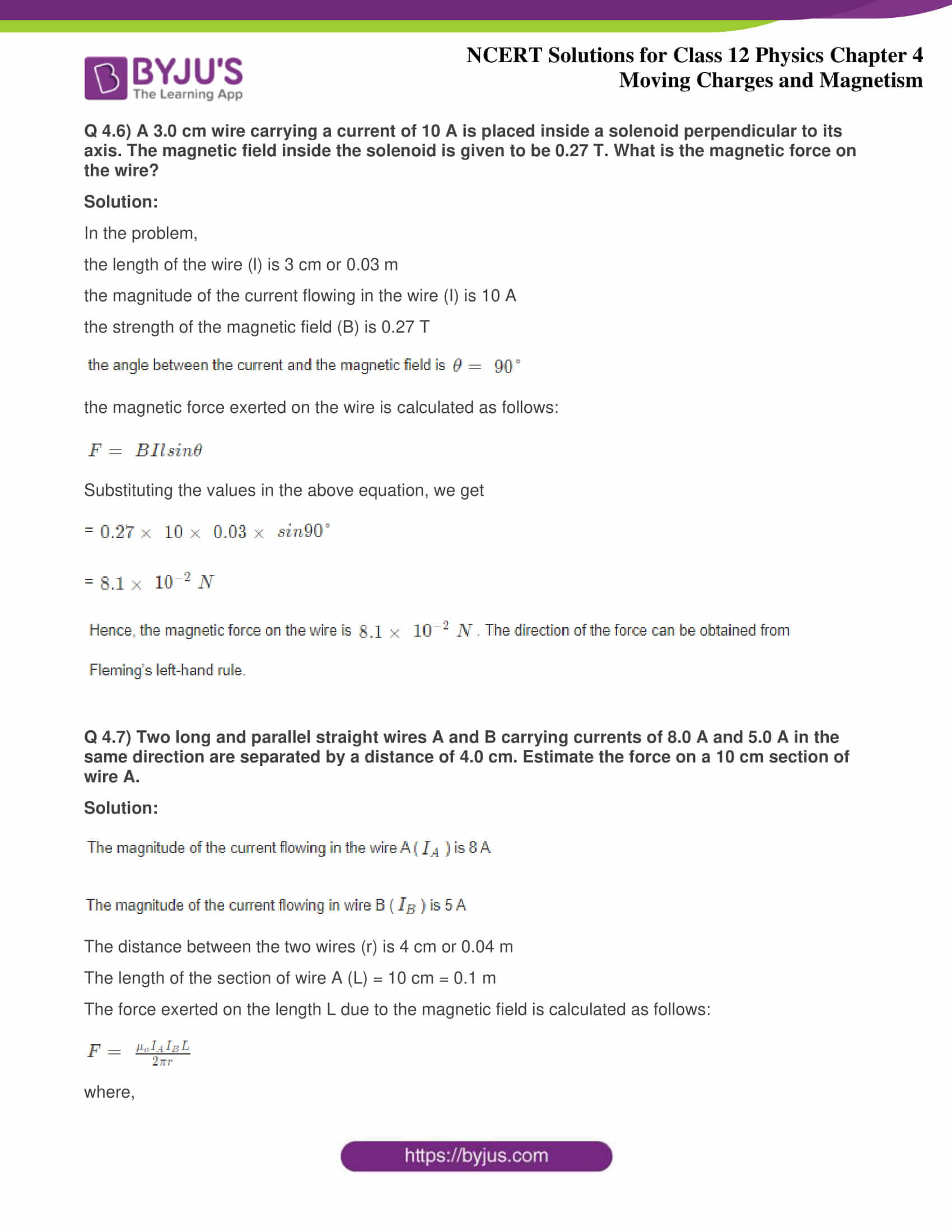NCERT Solutions Class 12 Physics Chapter 4 Moving Charges and Magnetism