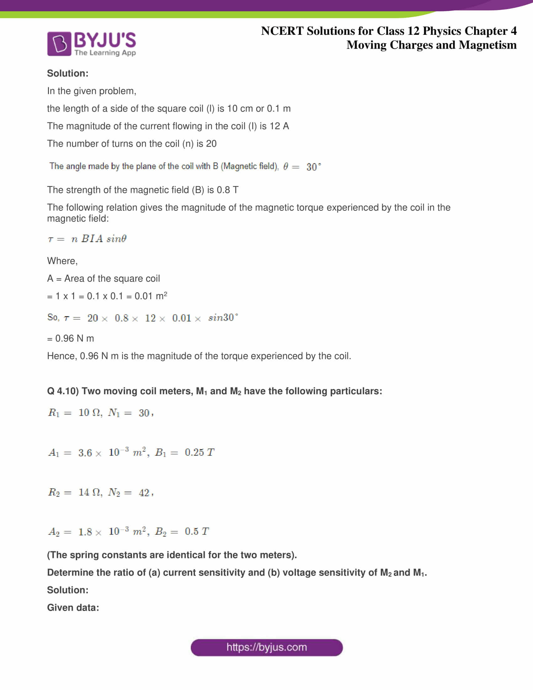 NCERT Solutions Class 12 Physics Chapter 4 Moving Charges and Magnetism