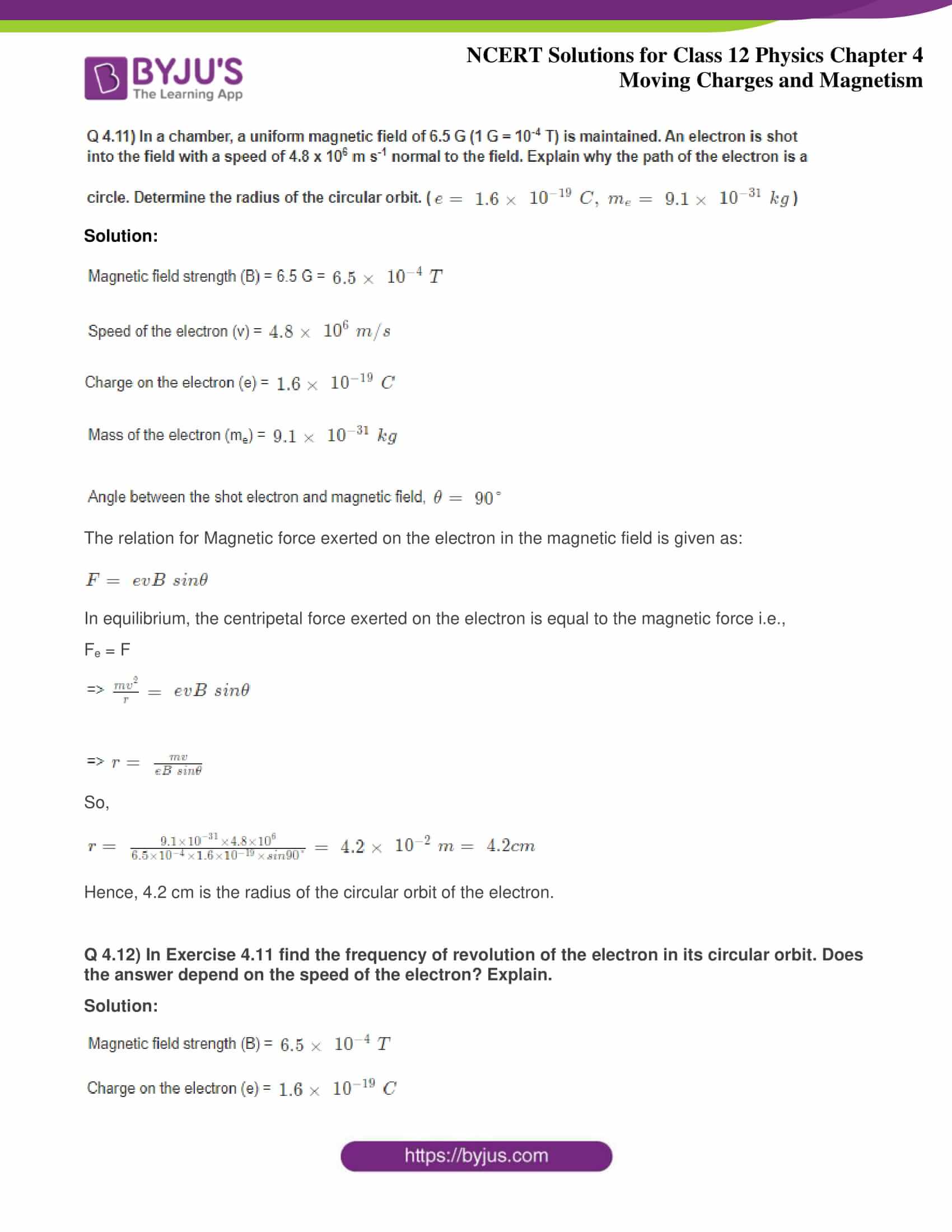 NCERT Solutions Class 12 Physics Chapter 4 Moving Charges and Magnetism