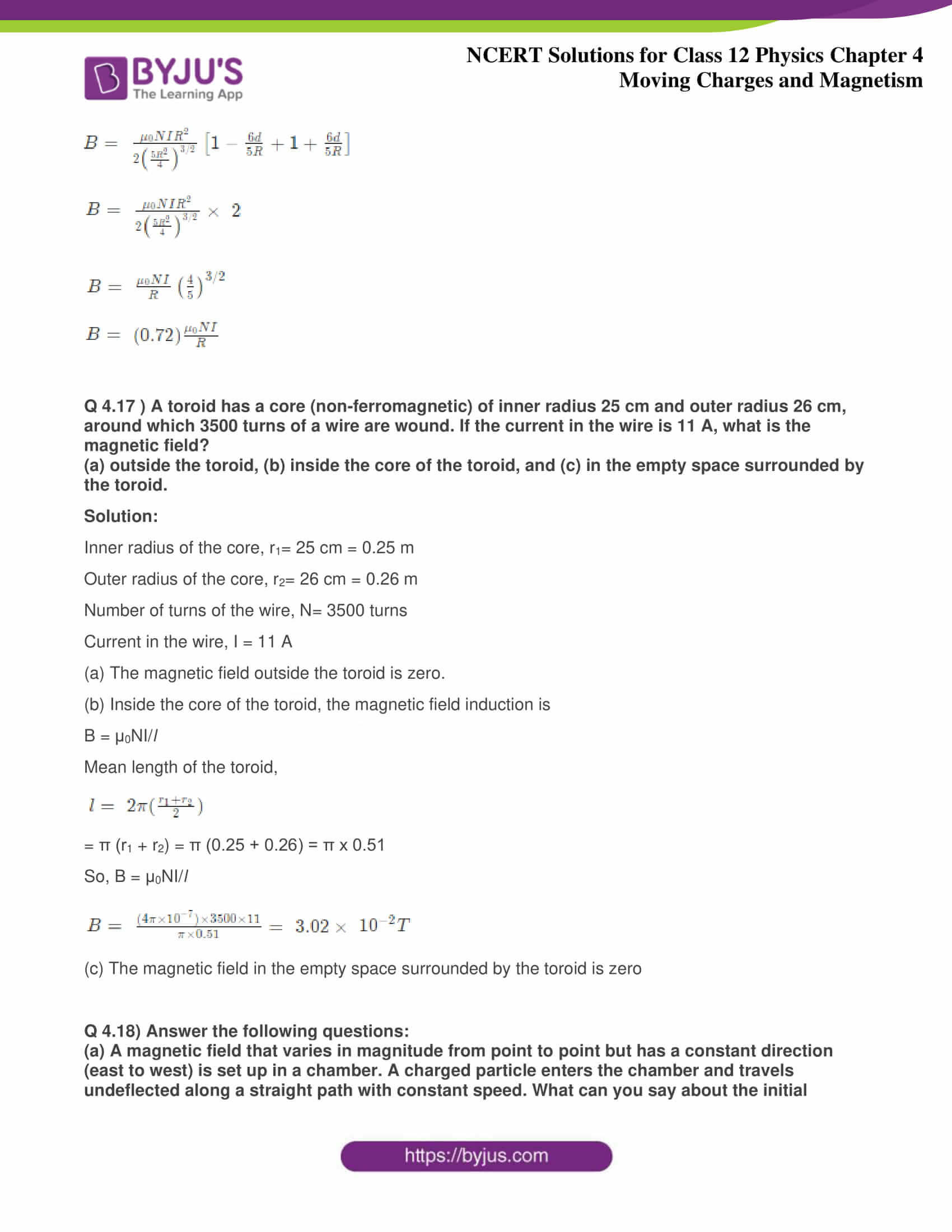 NCERT Solutions Class 12 Physics Chapter 4 Moving Charges and Magnetism