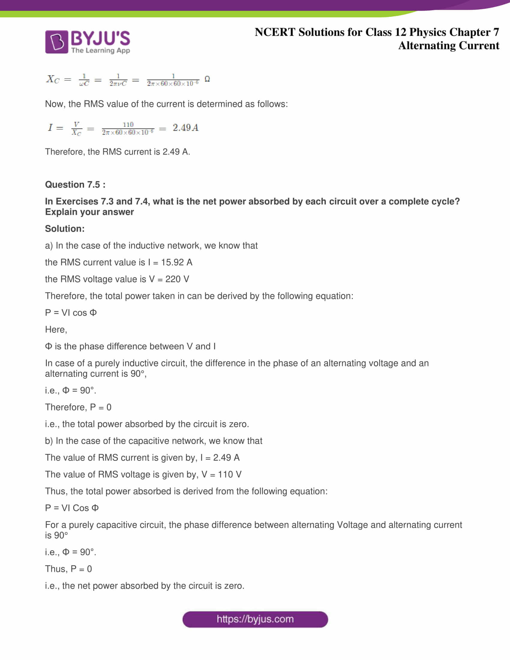 NCERT Solutions Class 12 Physics Chapter 7 Alternating Current