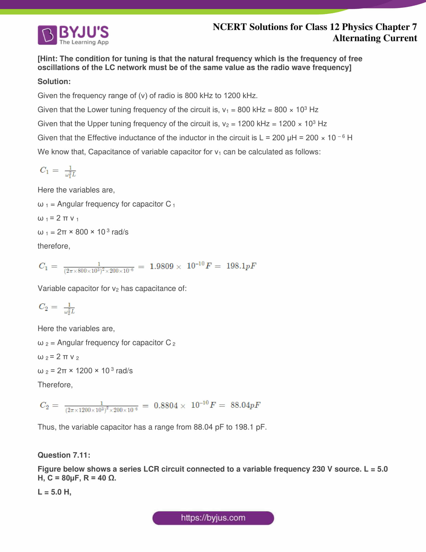 NCERT Solutions Class 12 Physics Chapter 7 Alternating Current